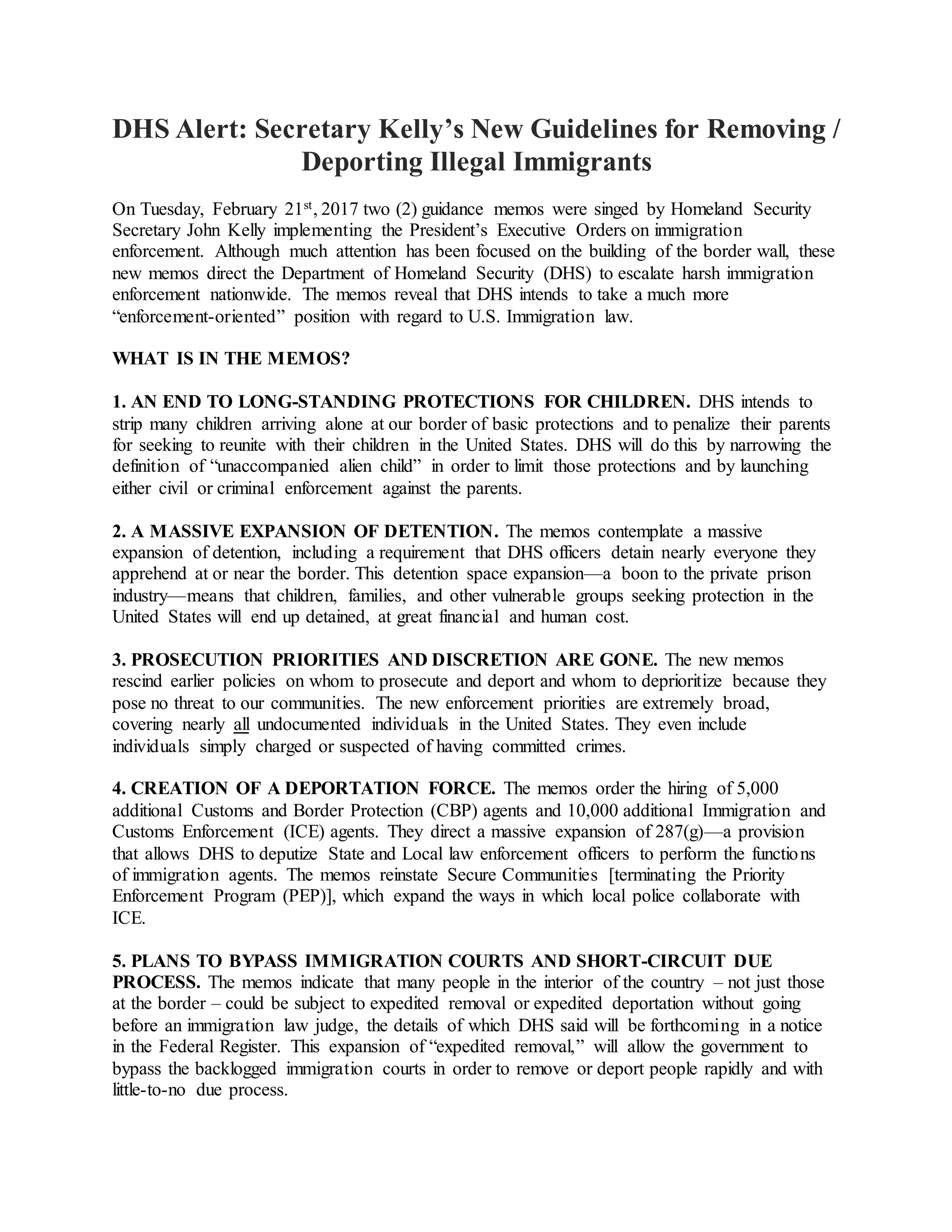 DHS Alert: Secretary Kelly’s New Guidelines for Removing / Deporting ...