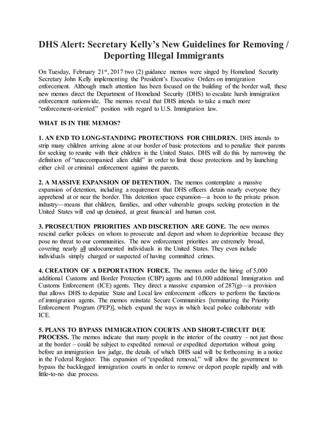 DHS Alert: Secretary Kelly’s New Guidelines for Removing / Deporting ...