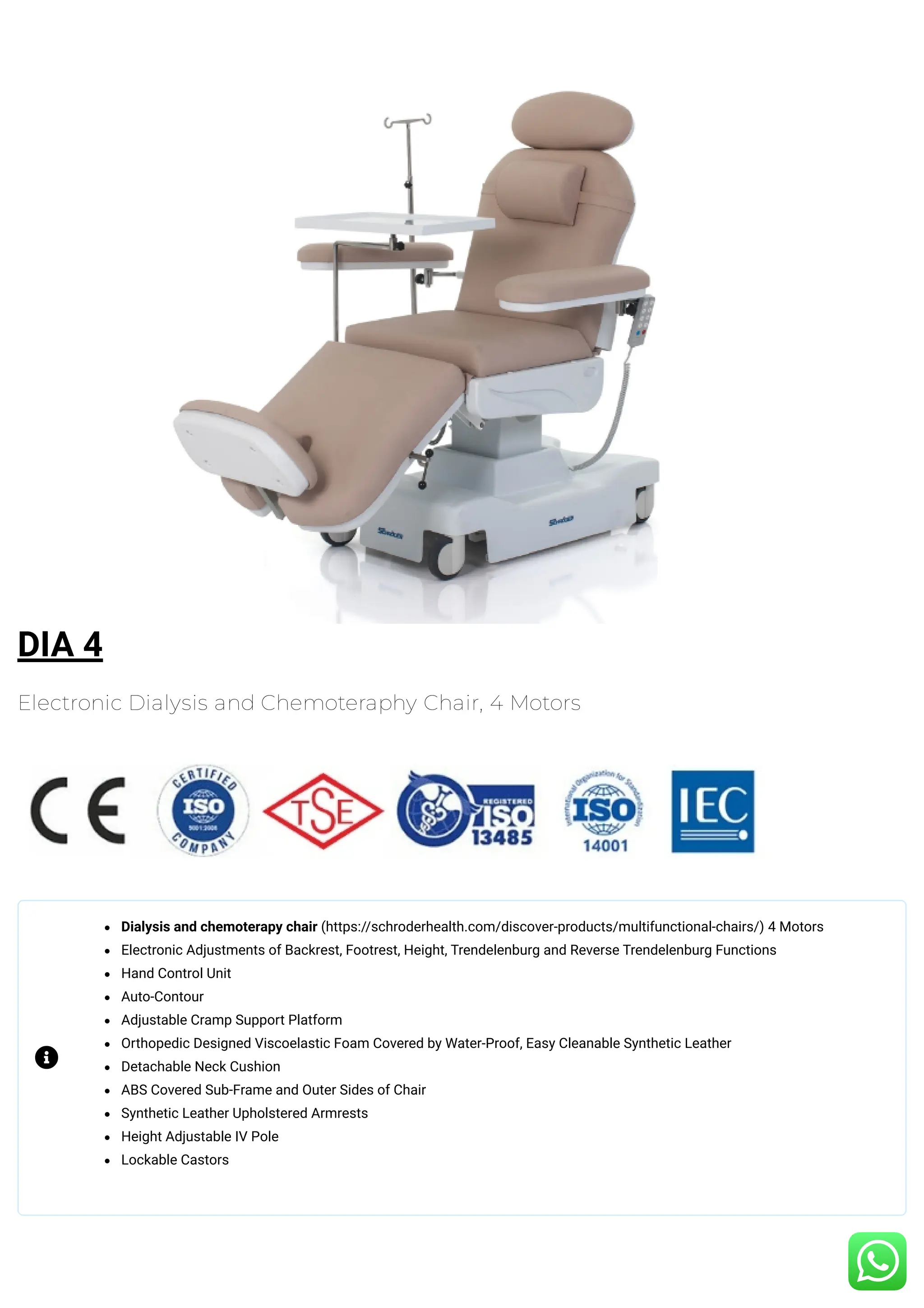 DIA 4 Electronic Dialysis Chemoteraphy Chair - Schröder Health | PDF
