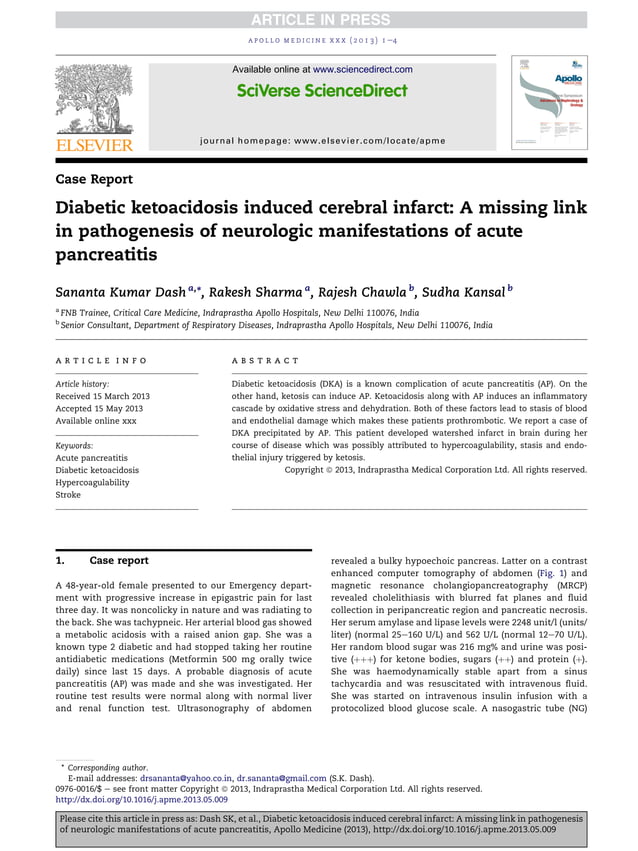 Diabetic ketoacidosis induced cerebral infarct - A missing link in ...