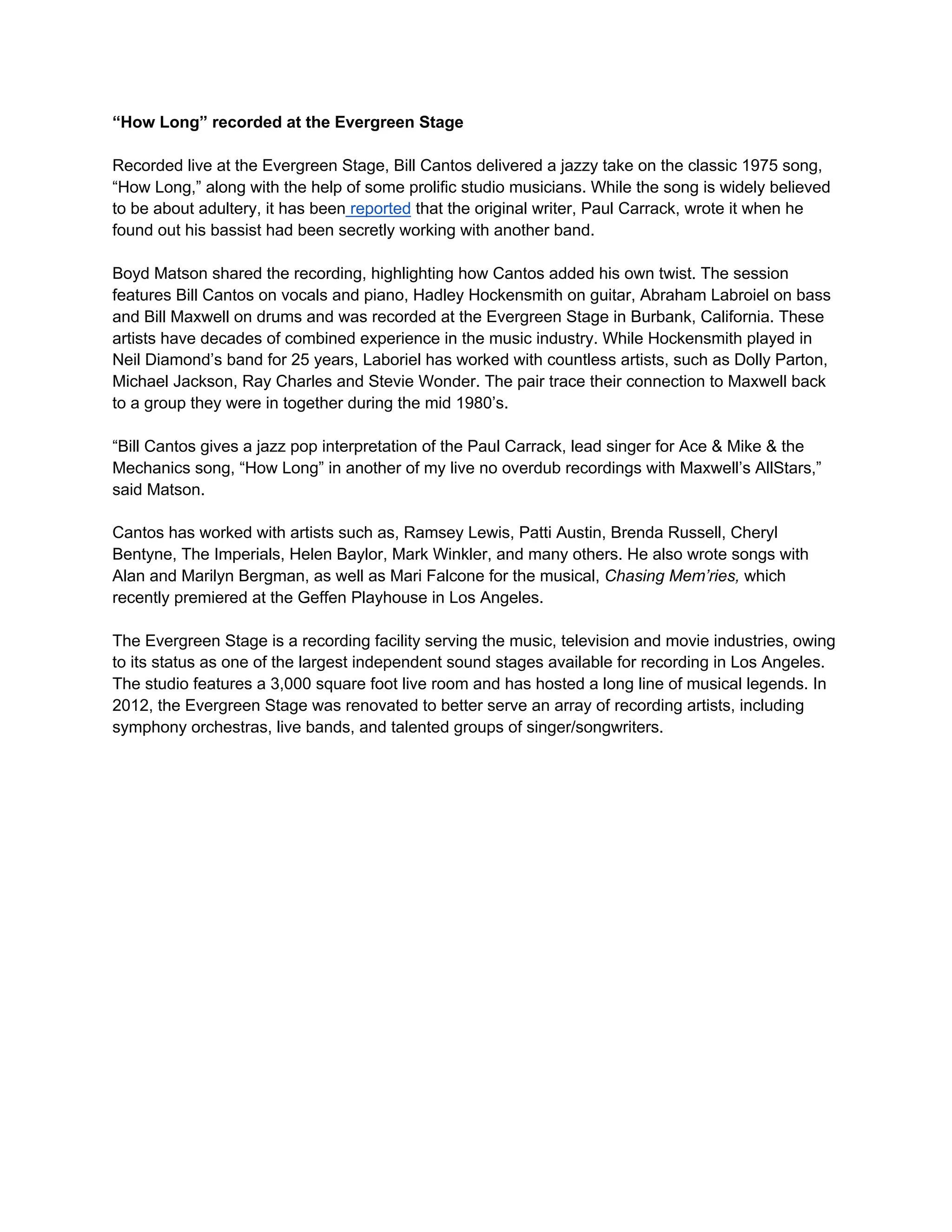 "How Long" recorded at the Evergreen Stage | PDF