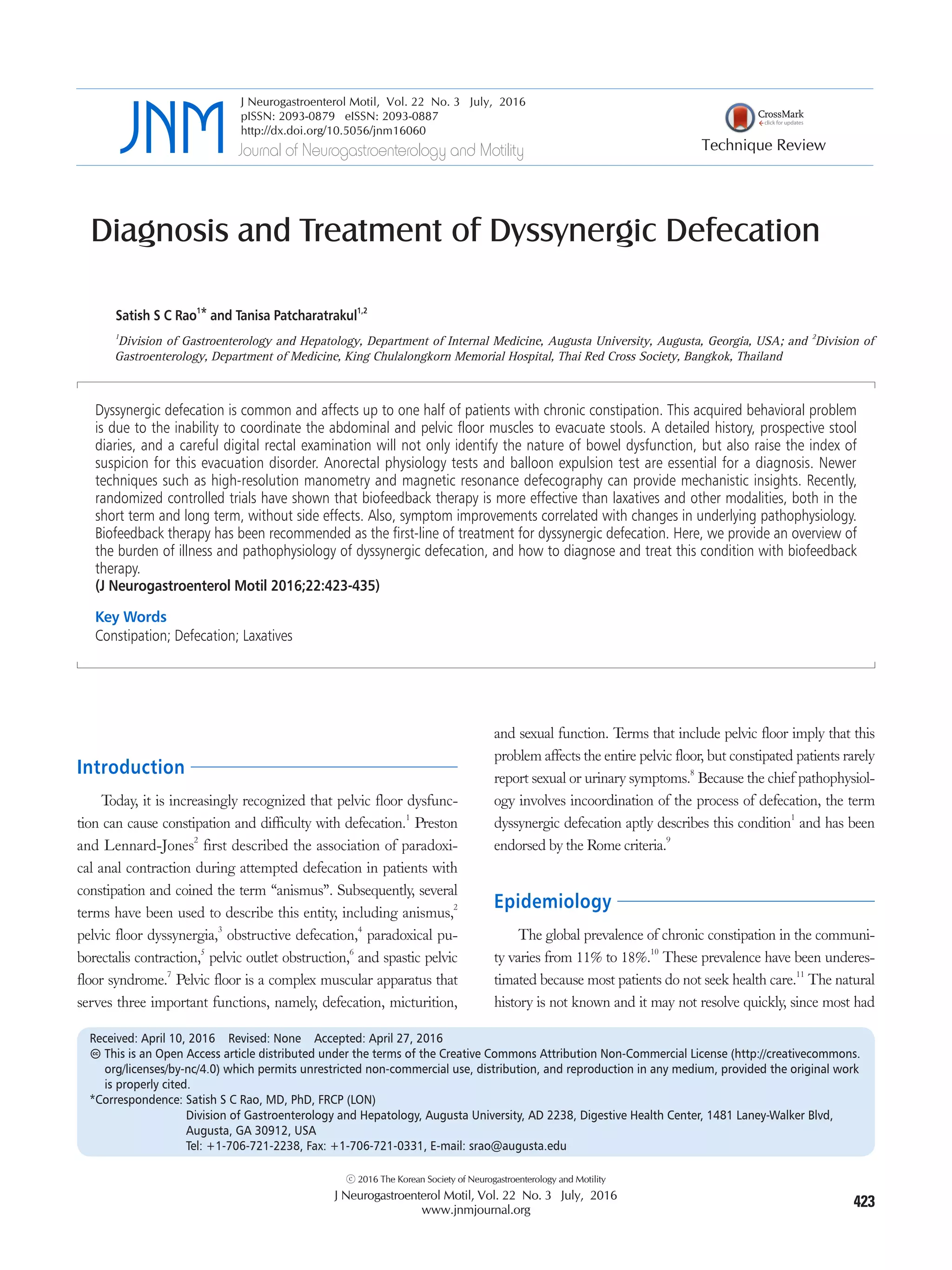 Diagnosis and treatment of Dyssynergic Defecation (Rao) | PDF