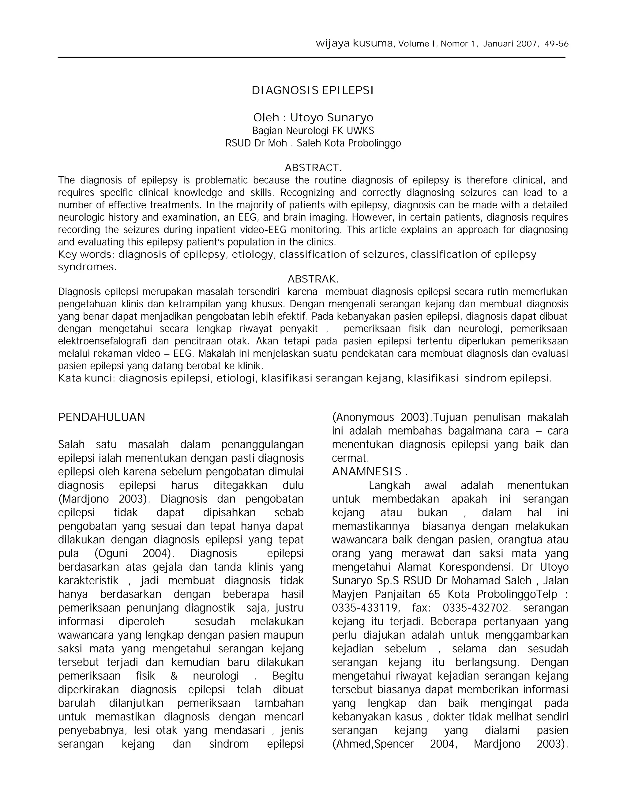 Diagnosis epilepsi utoyo sunaryo | PDF