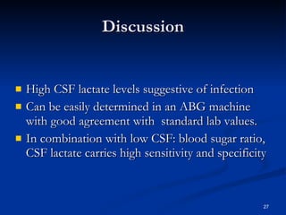 Diagnosis of postoperative meningitis using CSF lactate | PPT