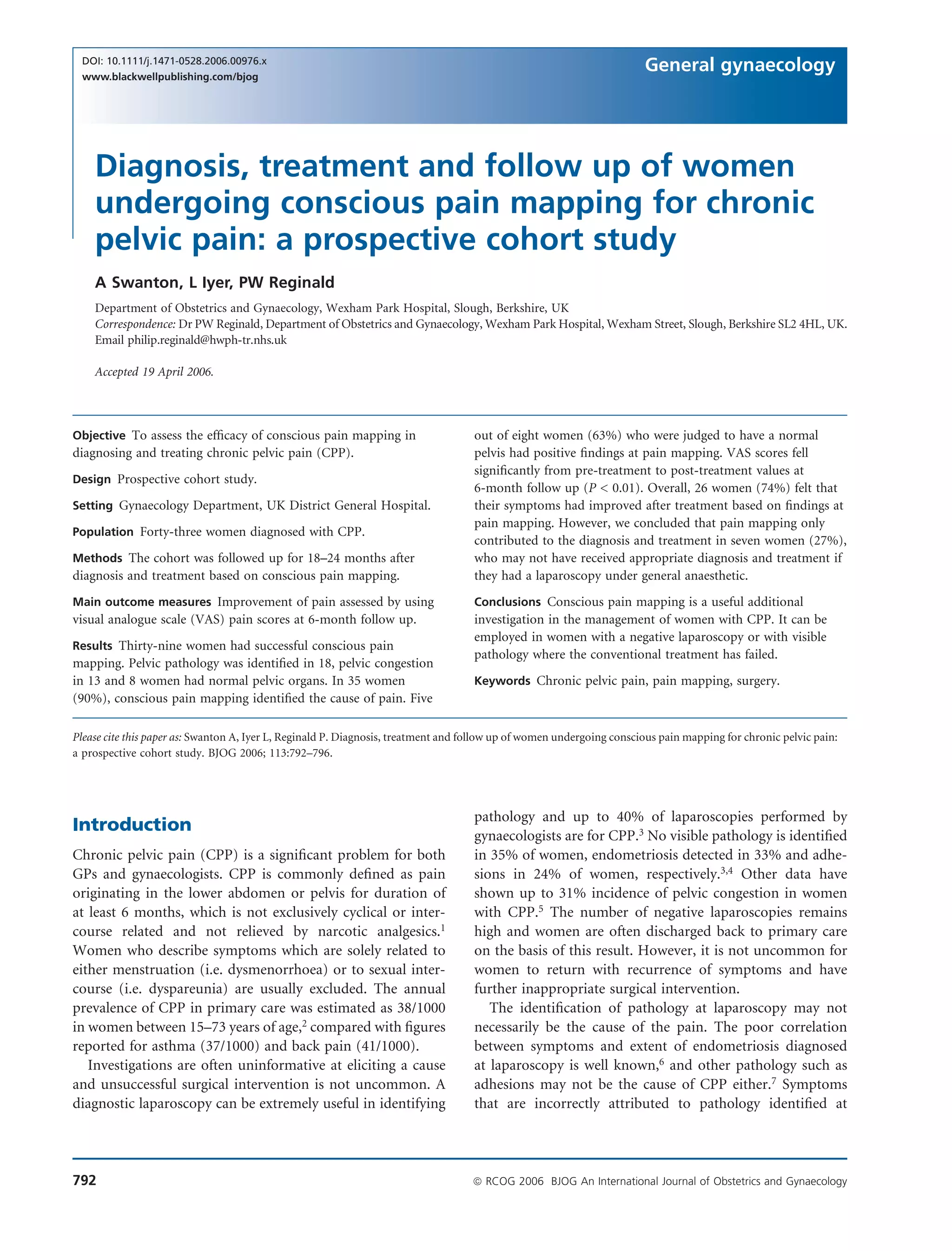 Diagnosis, Treatment and Follow Up of Women Undergoing Conscious Pain ...