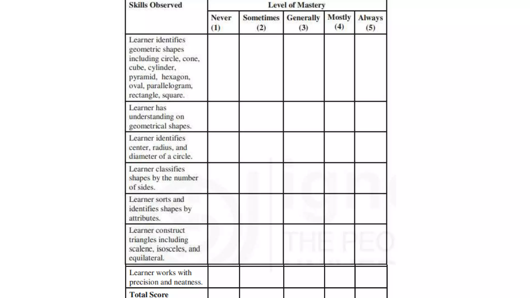 Tools for assessment in mathematics, observation, rating scale ...