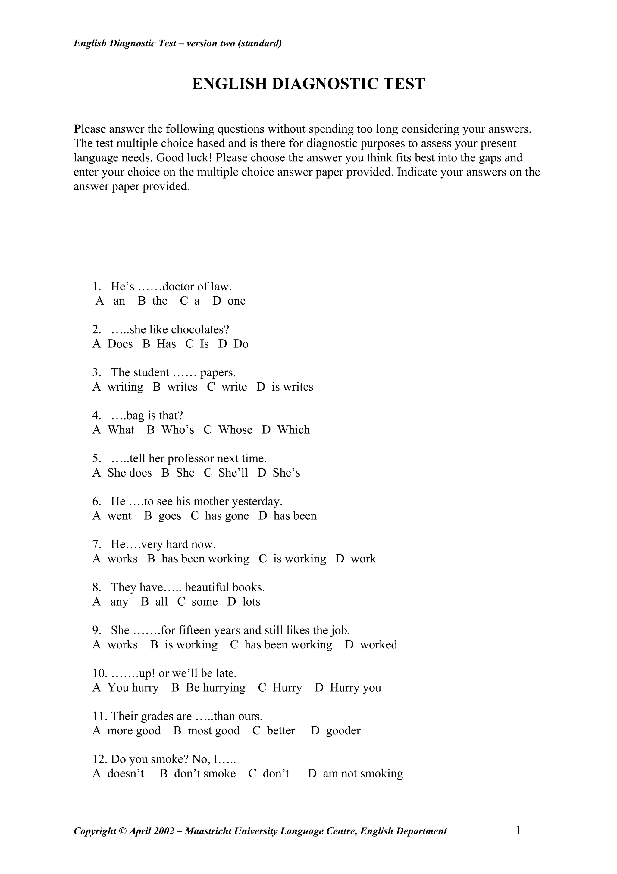 Diagnostic English Test | PDF