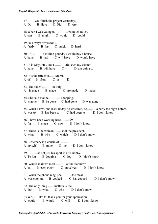 Diagnostic English Test | PDF | Standardized Testing | Educational ...
