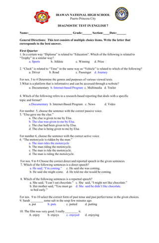 ENGLISH 10 Diagnostic test with answer key | DOCX