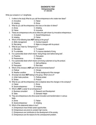 DIAGNOSTIC TEST-Entrepreneurship 1st quarter | DOCX