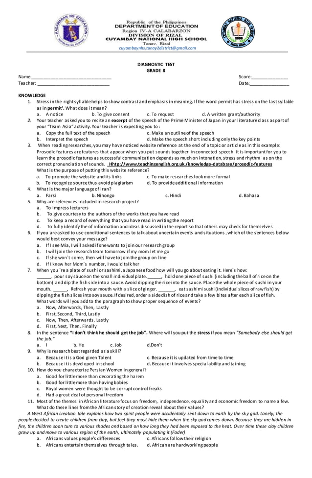 Diagnostic test g8 | DOCX | Hinduism | Religion & Spirituality