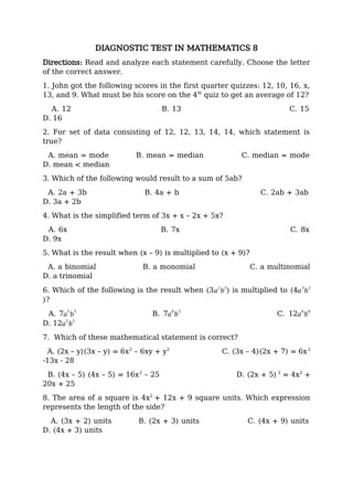 Diagnostic Test_G8 MATATAG curriculum 2025-2026 | DOCX