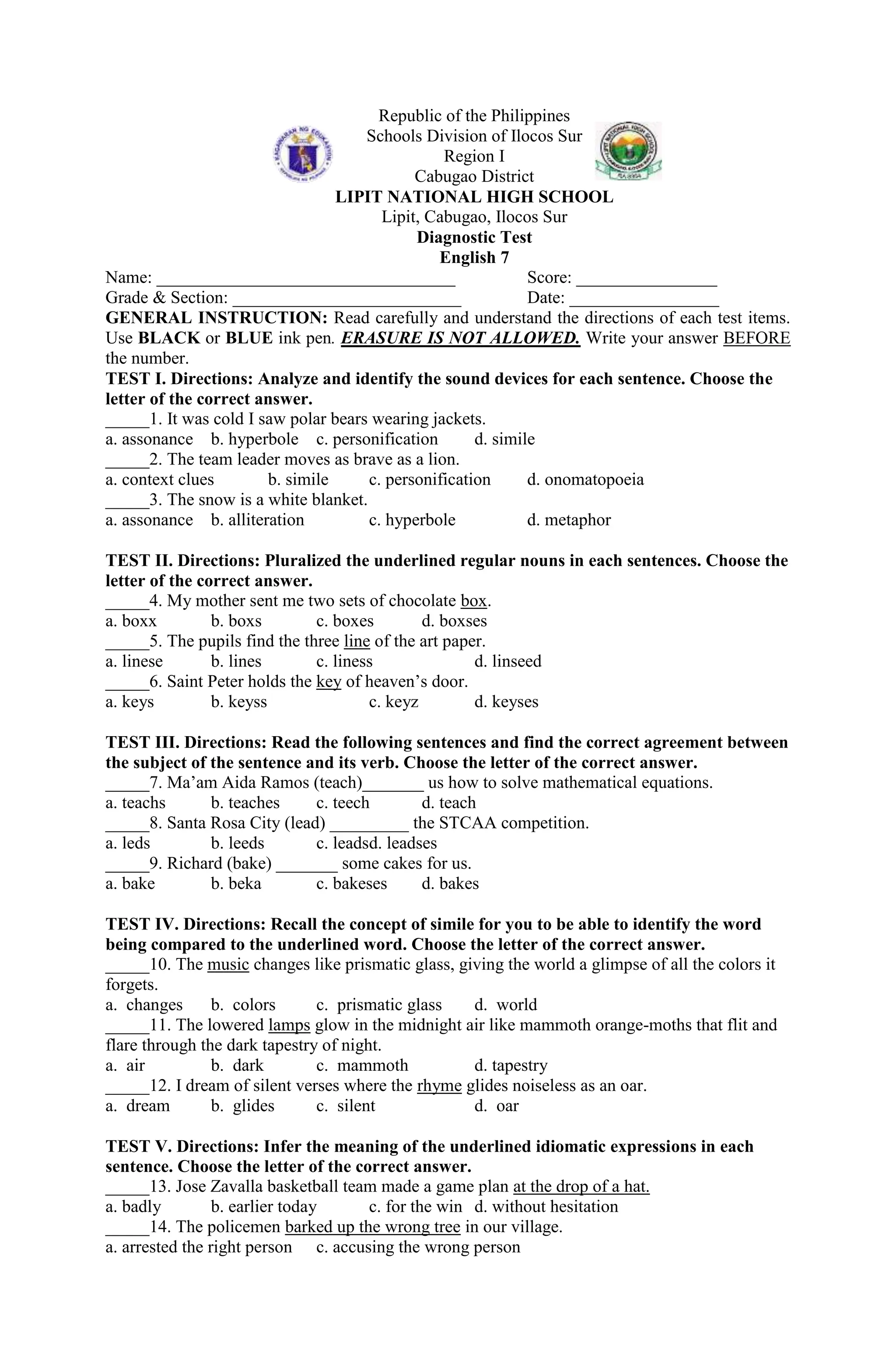 Sample Diagnostic Test in English 7..... | DOCX