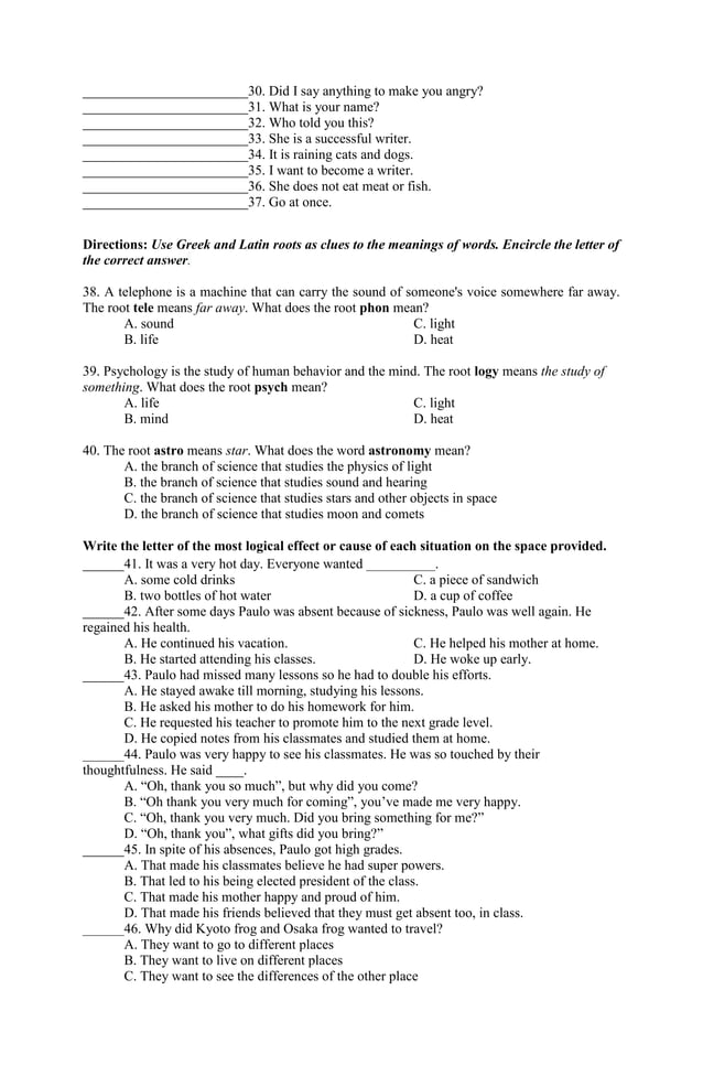 Sample Diagnostic Test in English 7..... | DOCX | Food & Drink