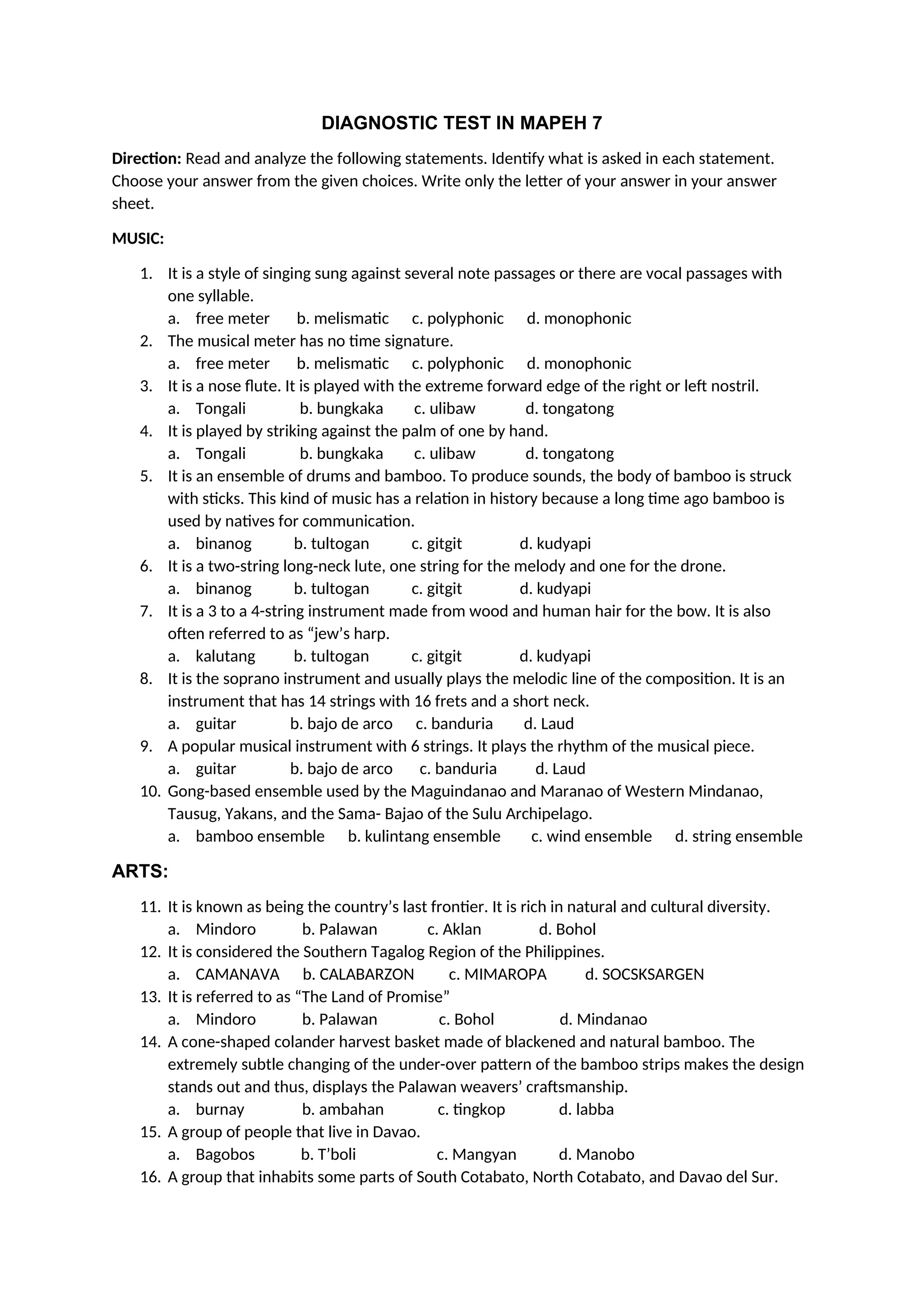Multiple choice - DIAGNOSTIC TEST IN MAPEH Grade 7.docx