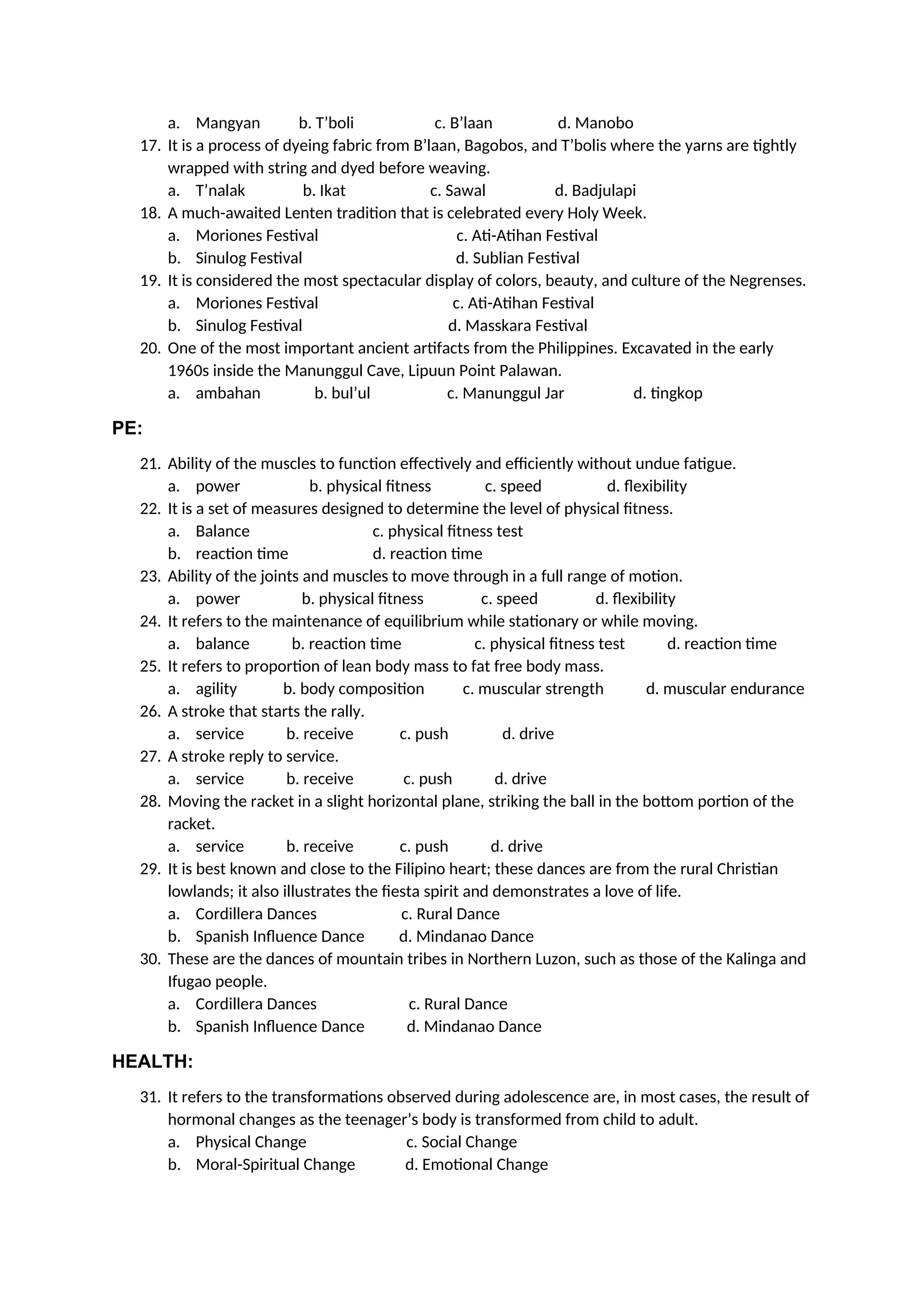 Multiple choice - DIAGNOSTIC TEST IN MAPEH Grade 7.docx