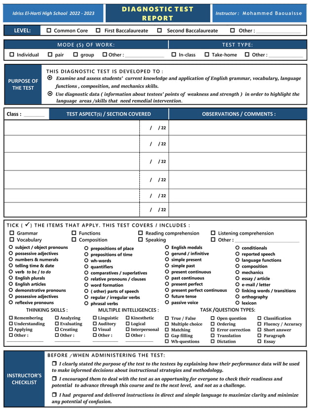 DIAGNOSTIC TEST REPORT FORM -- 2019.docx | Standardized Testing ...