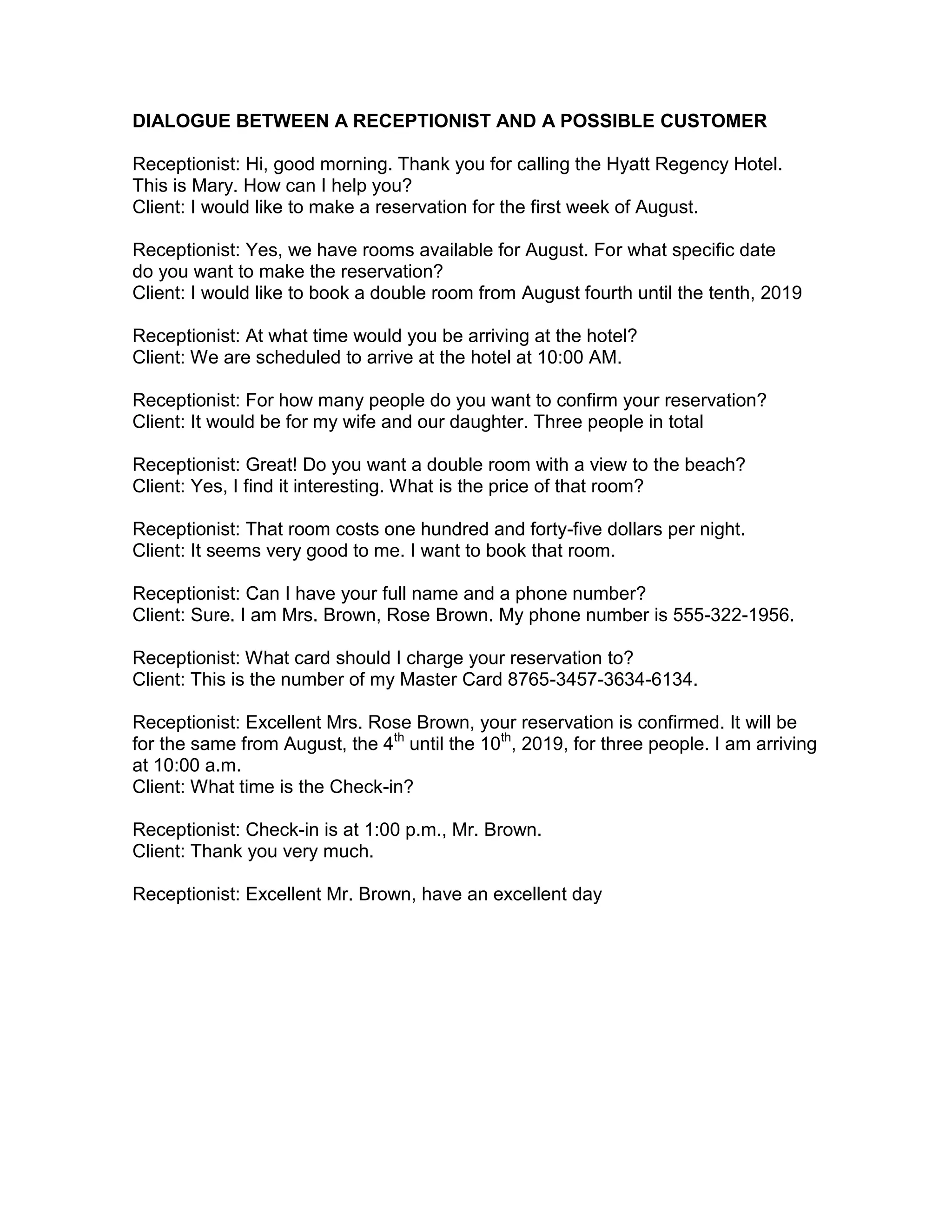 Dialogue between a receptionist and a possible customer | PDF