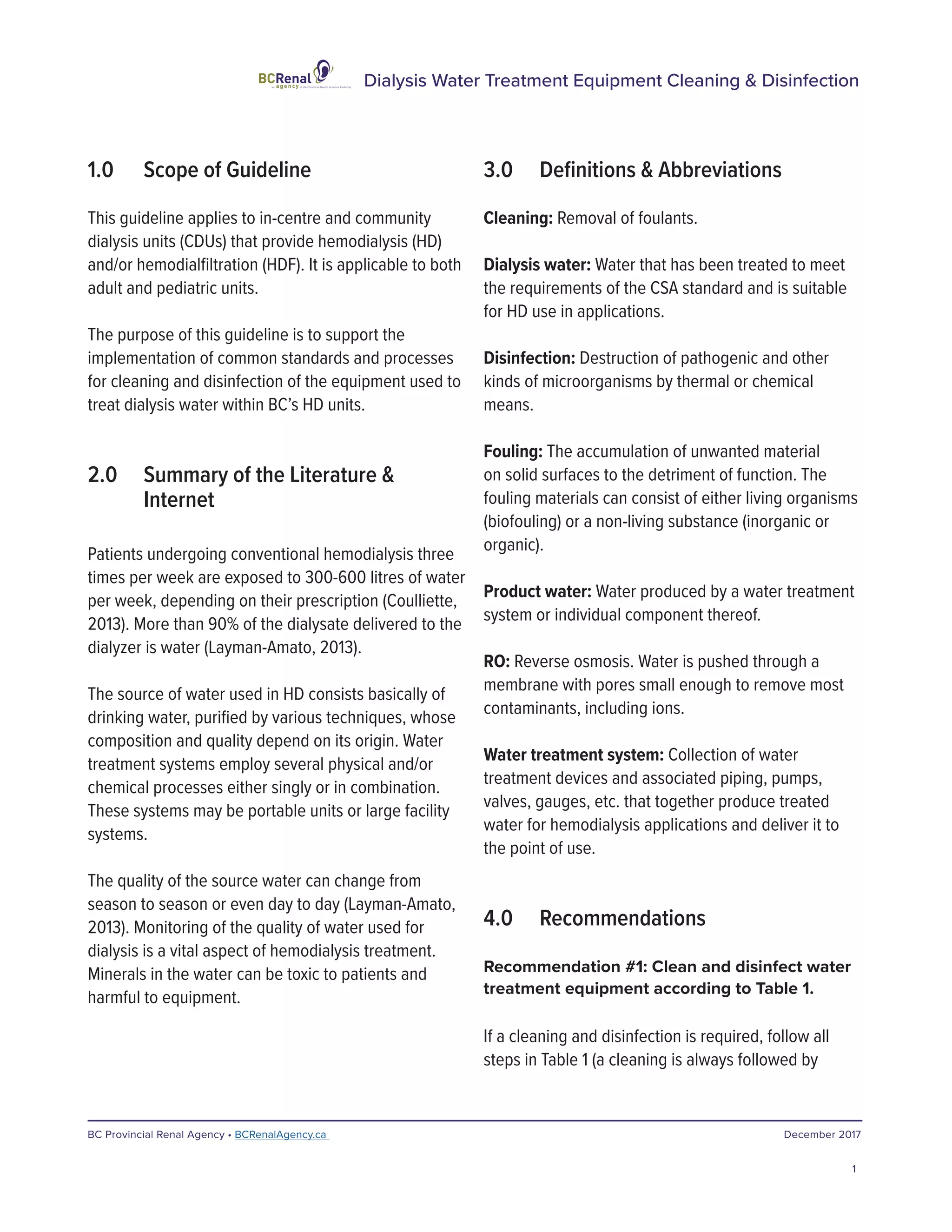 Dialysis water treatment equipment cleaning and disinfection | PDF