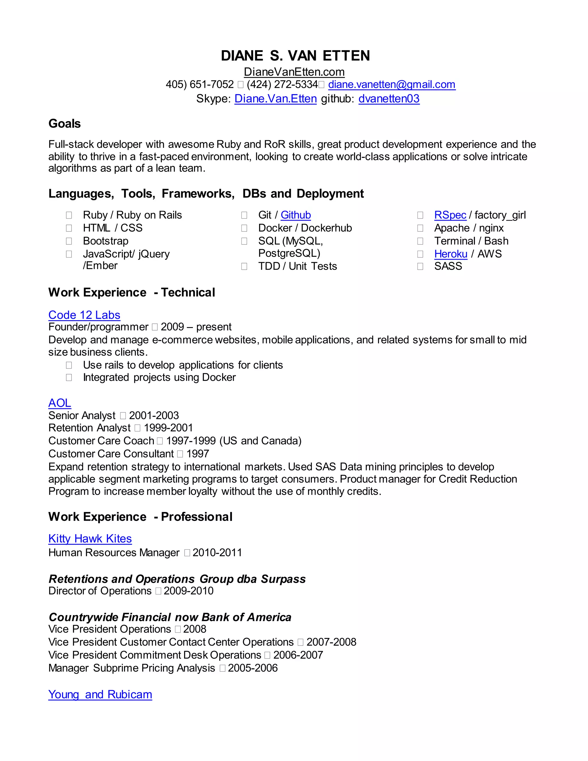 Diane Van Etten_resume | DOCX | Programming Languages | Computing