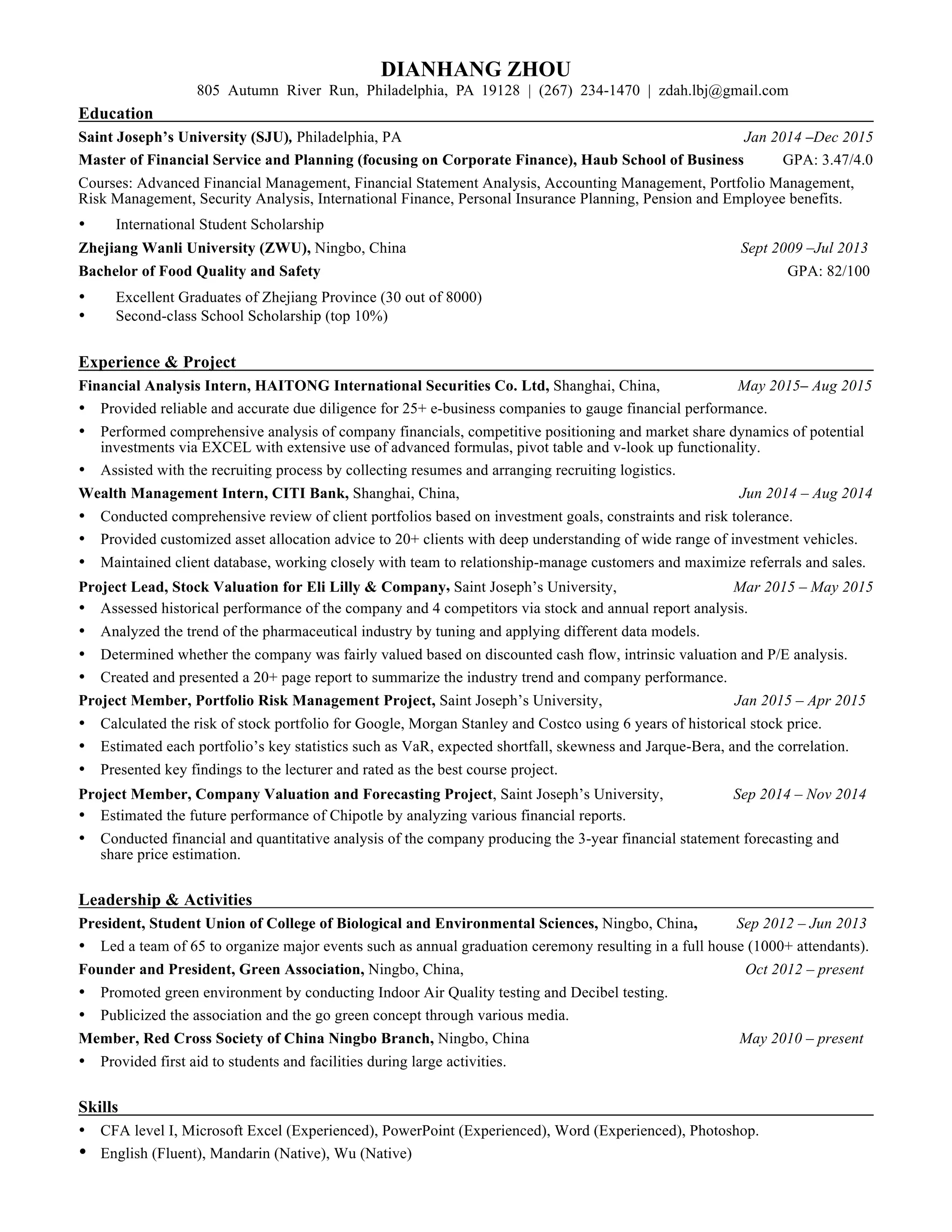 Dianhang Zhou-resume | PDF | Stocks and Bonds | Personal Investing