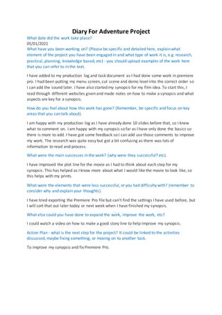 Diary For Adventure Project | DOCX | Screenwriting | Content Production