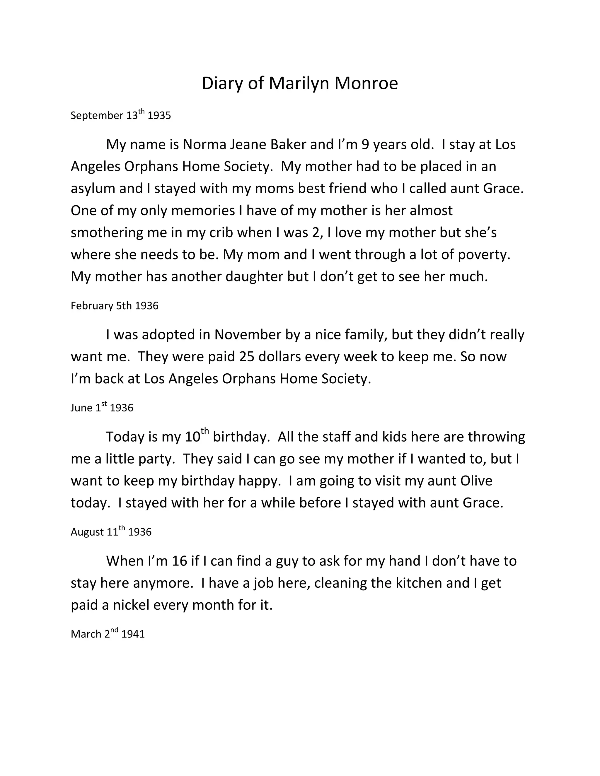 Diary of marilyn monroe | DOCX