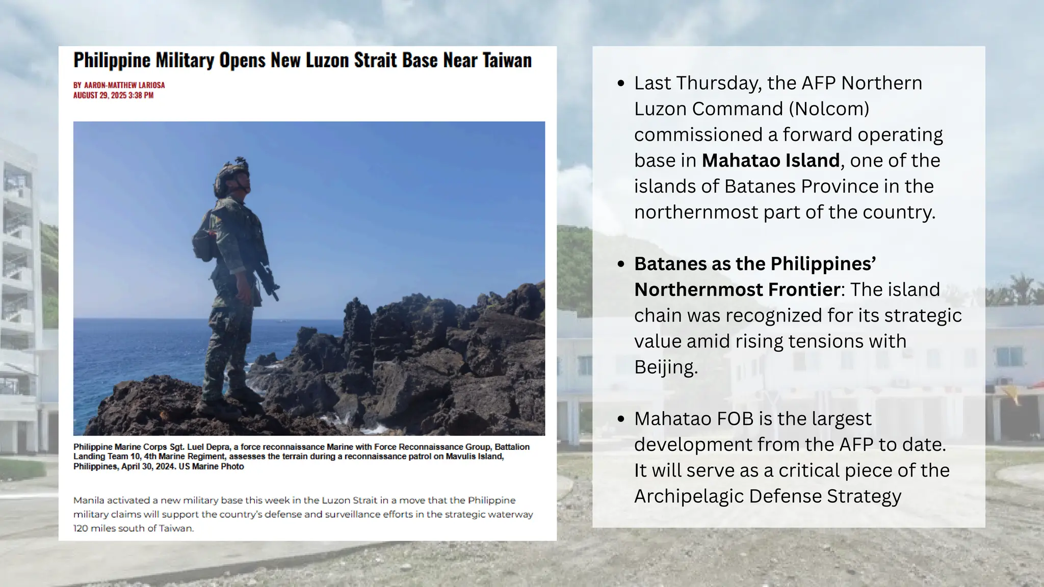 Flash Report: PH Military open new Luzon Strait base near Taiwan | PDF