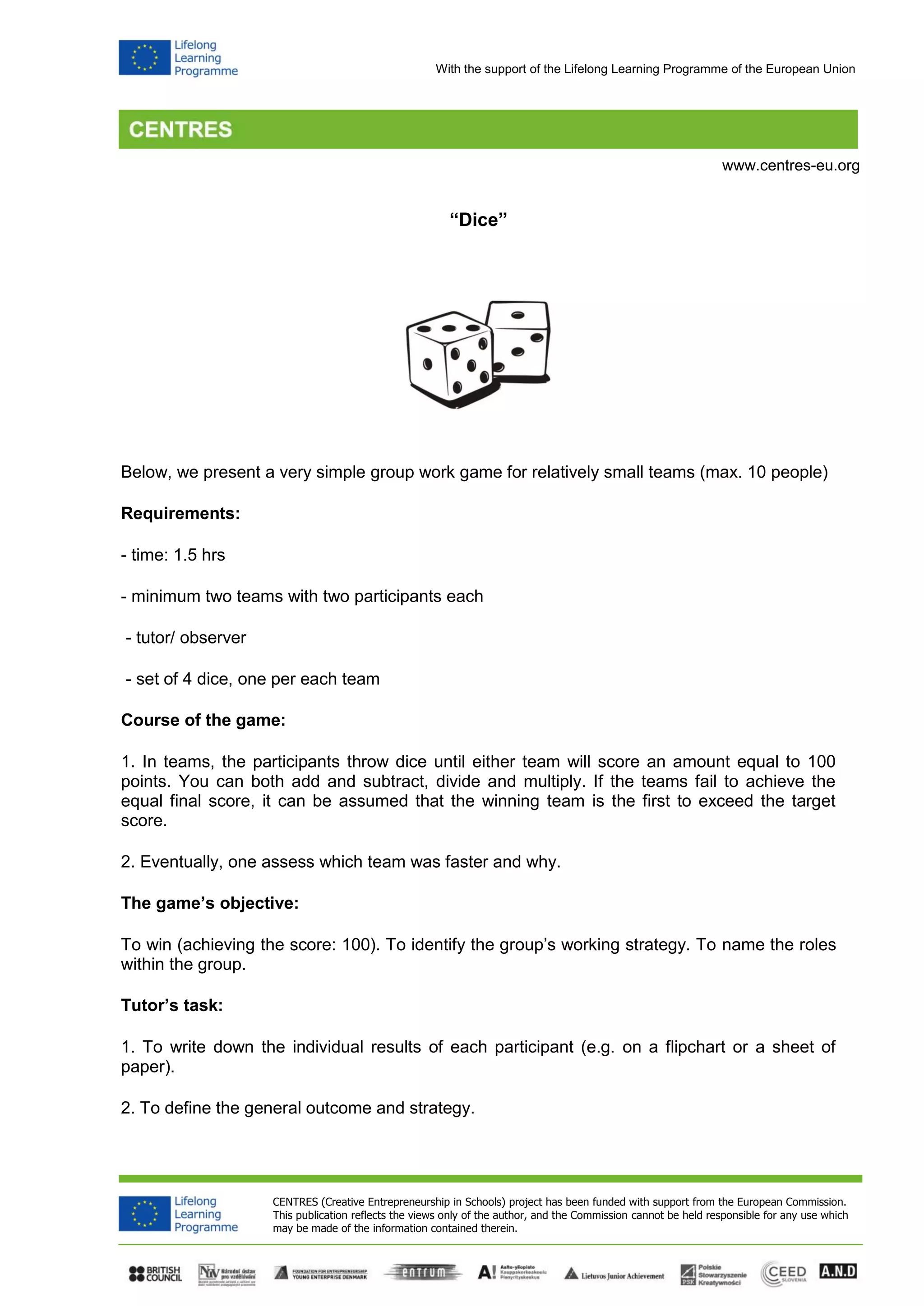 Dice. exercise on teamwork | PDF