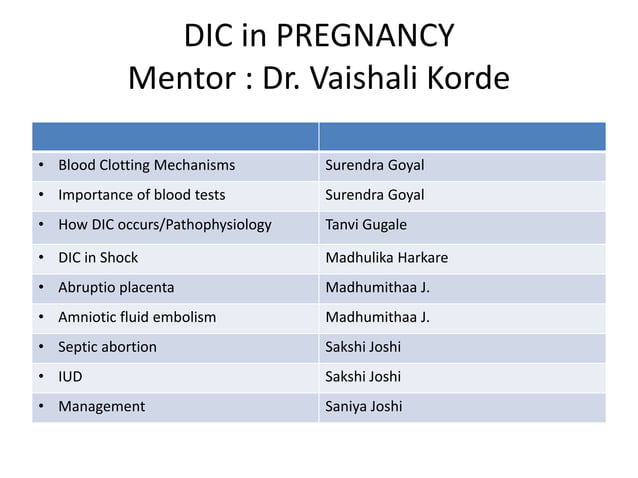 DIC in Pregnancy(intro).pptx | Blood Disorders | Diseases and Conditions