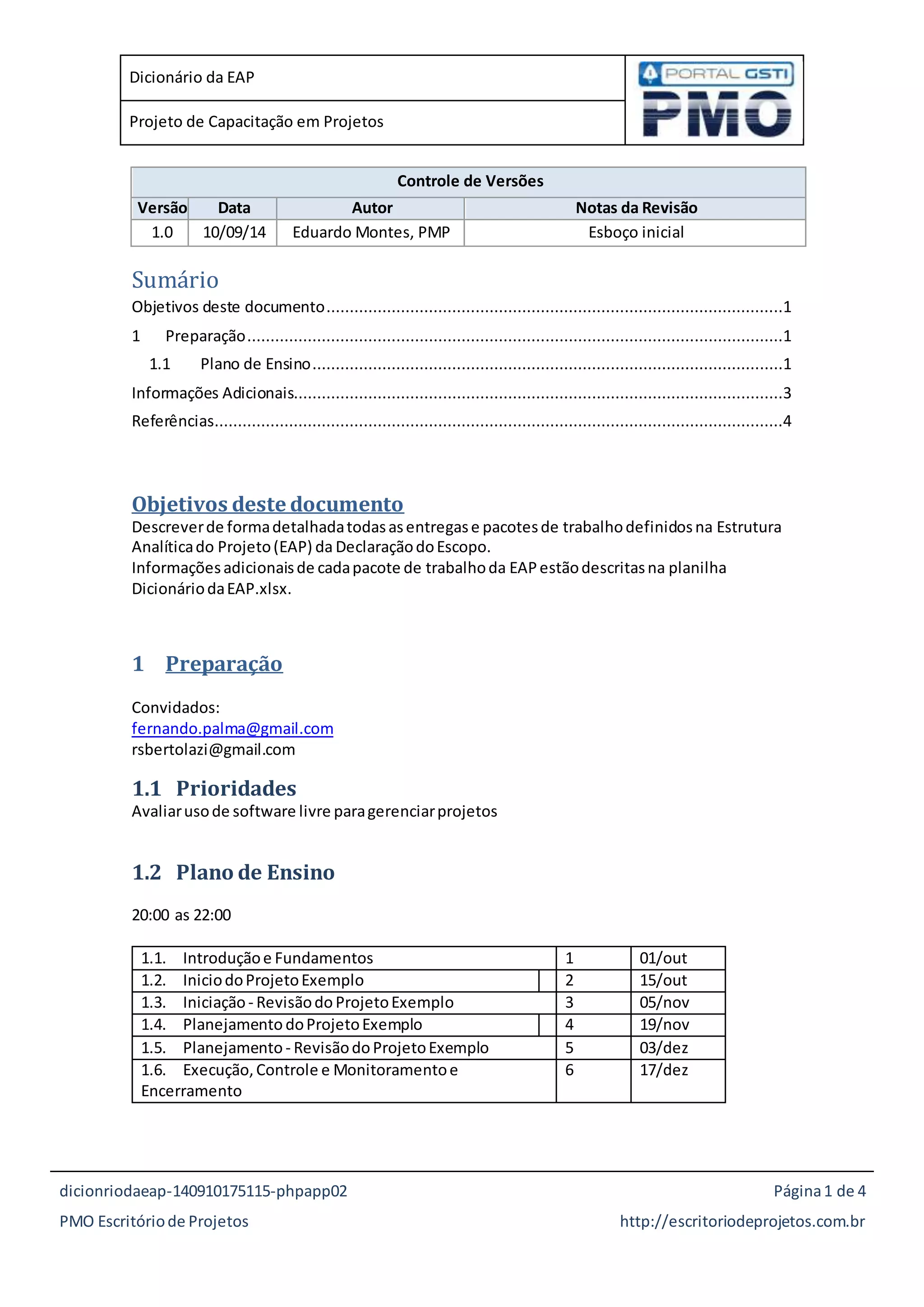 Modelo de Dicionário da eap | DOCX
