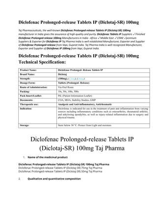 Diclofenac Prolonged-release Tablets IP (Diclotaj-SR) 100mg ...