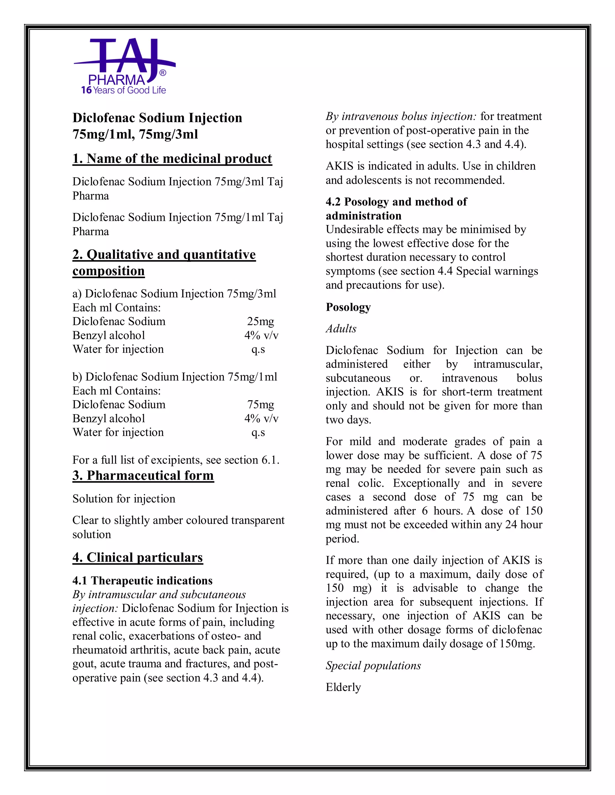 Diclofenac Sodium Injection Taj Pharma SmPC | PDF