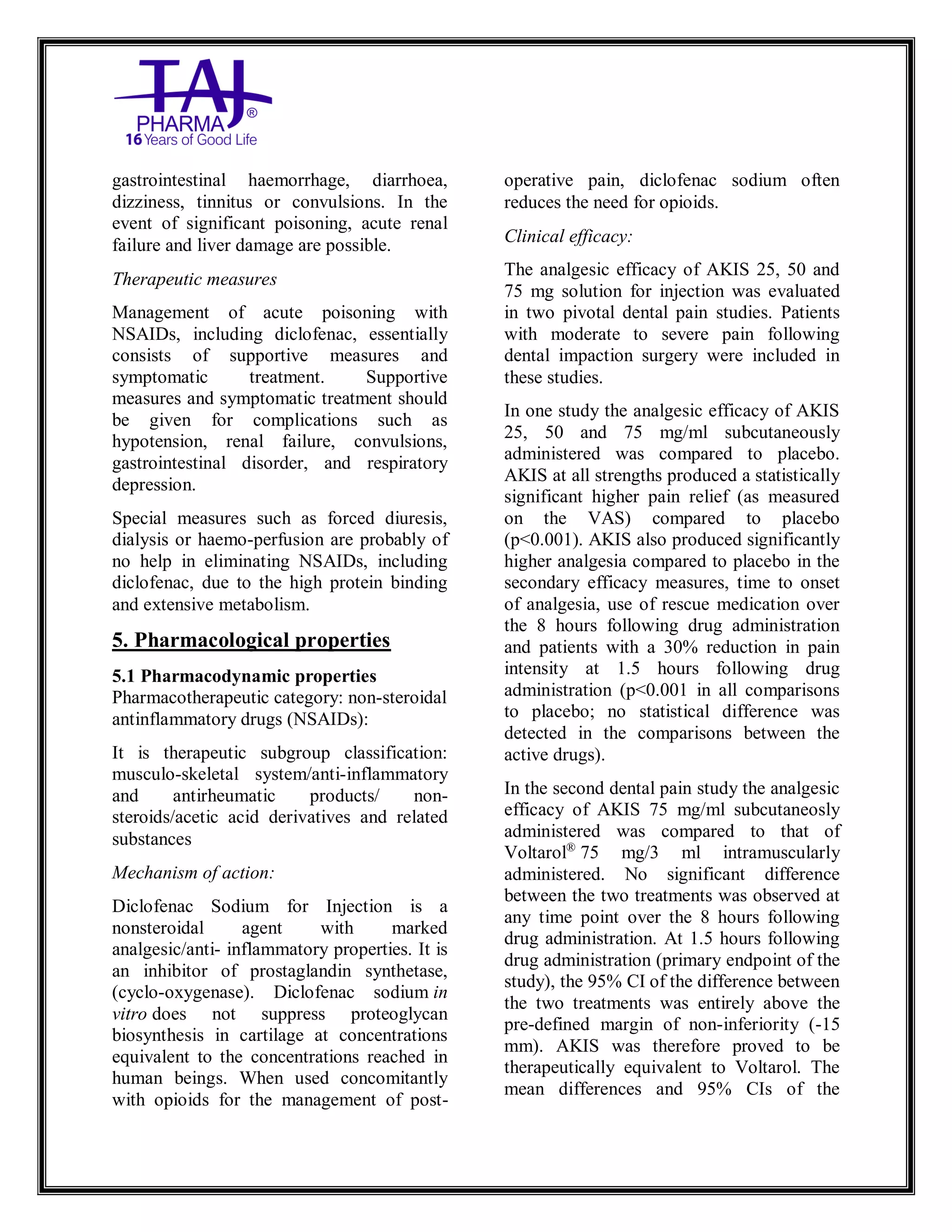 Diclofenac Sodium Injection Taj Pharma SmPC | PDF