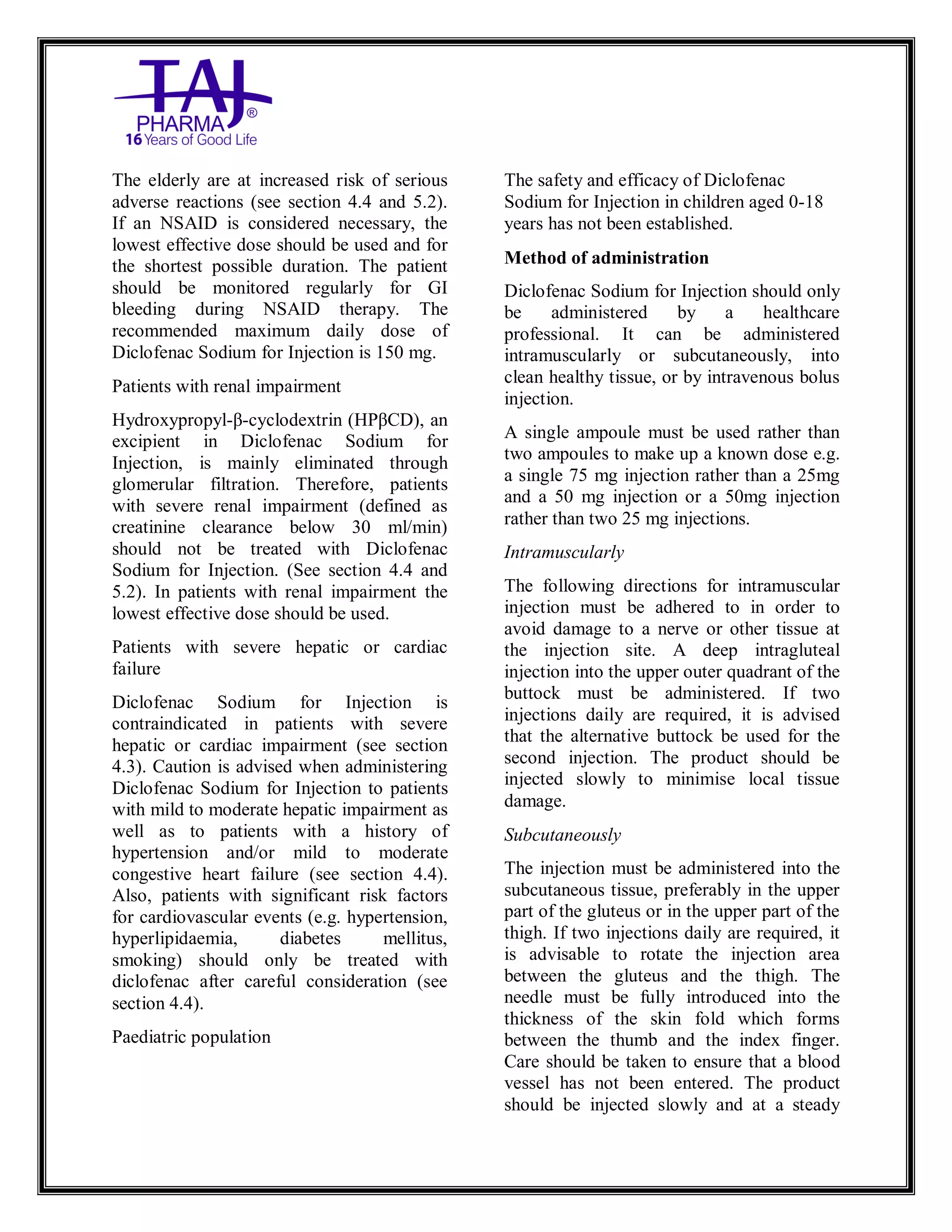 Diclofenac Sodium Injection Taj Pharma SmPC | PDF