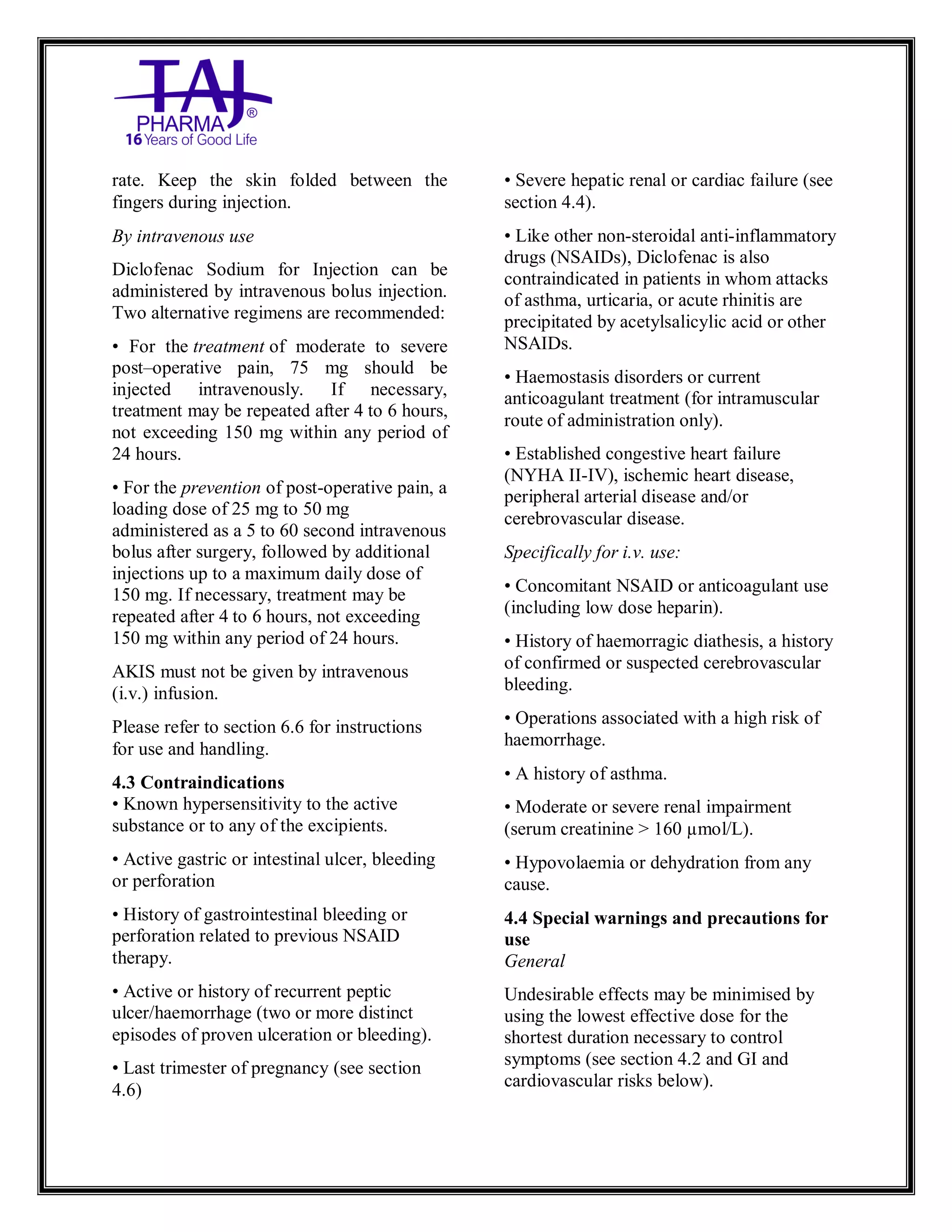 Diclofenac Sodium Injection Taj Pharma SmPC | PDF