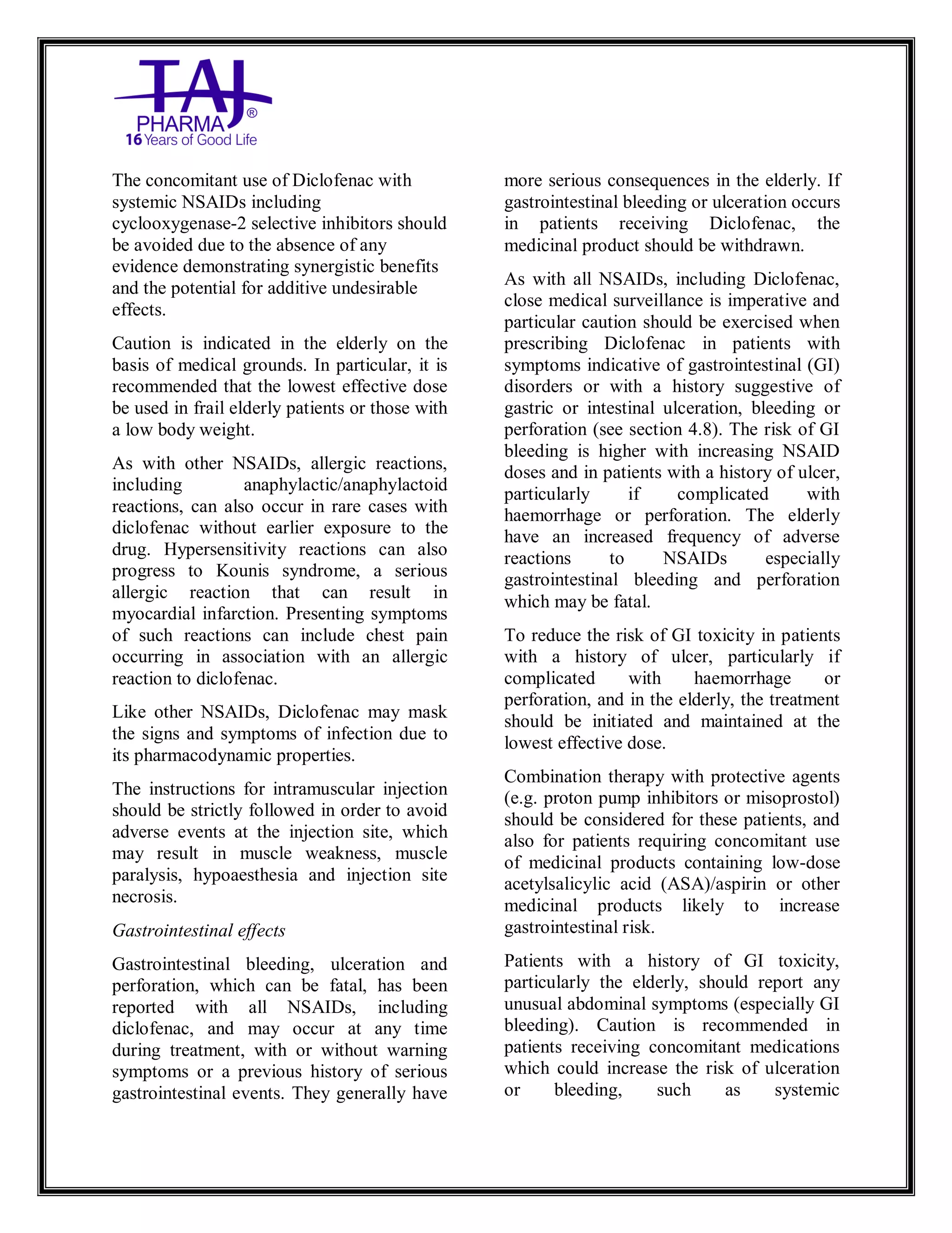 Diclofenac Sodium Injection Taj Pharma SmPC | PDF