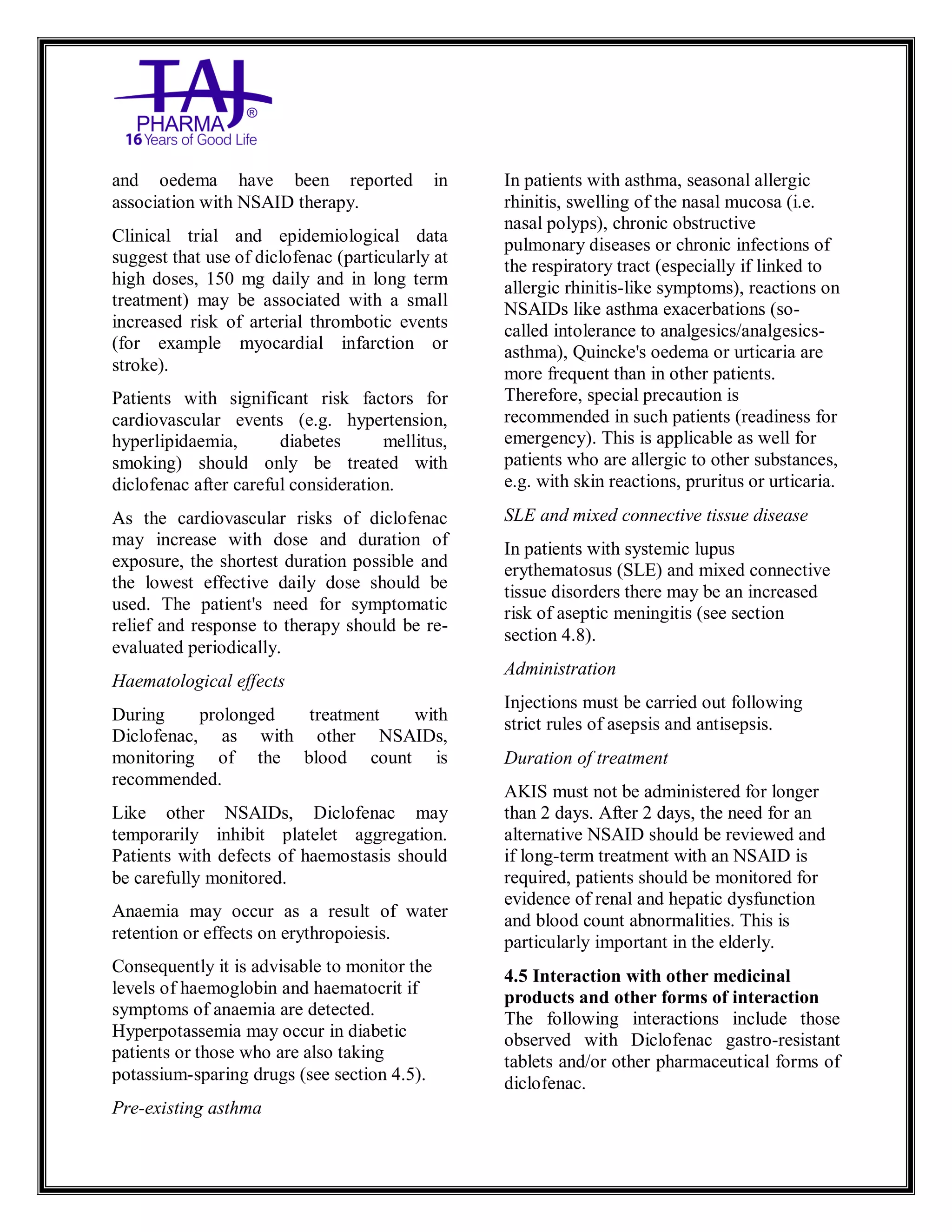 Diclofenac Sodium Injection Taj Pharma SmPC | PDF