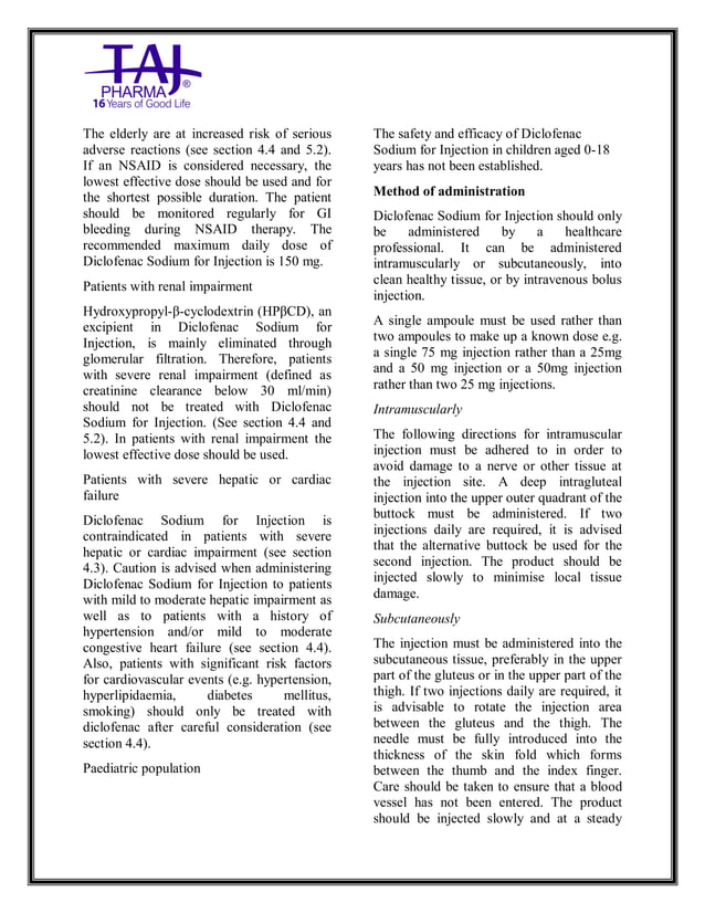 Diclofenac Sodium Injection Taj Pharma SmPC | PDF