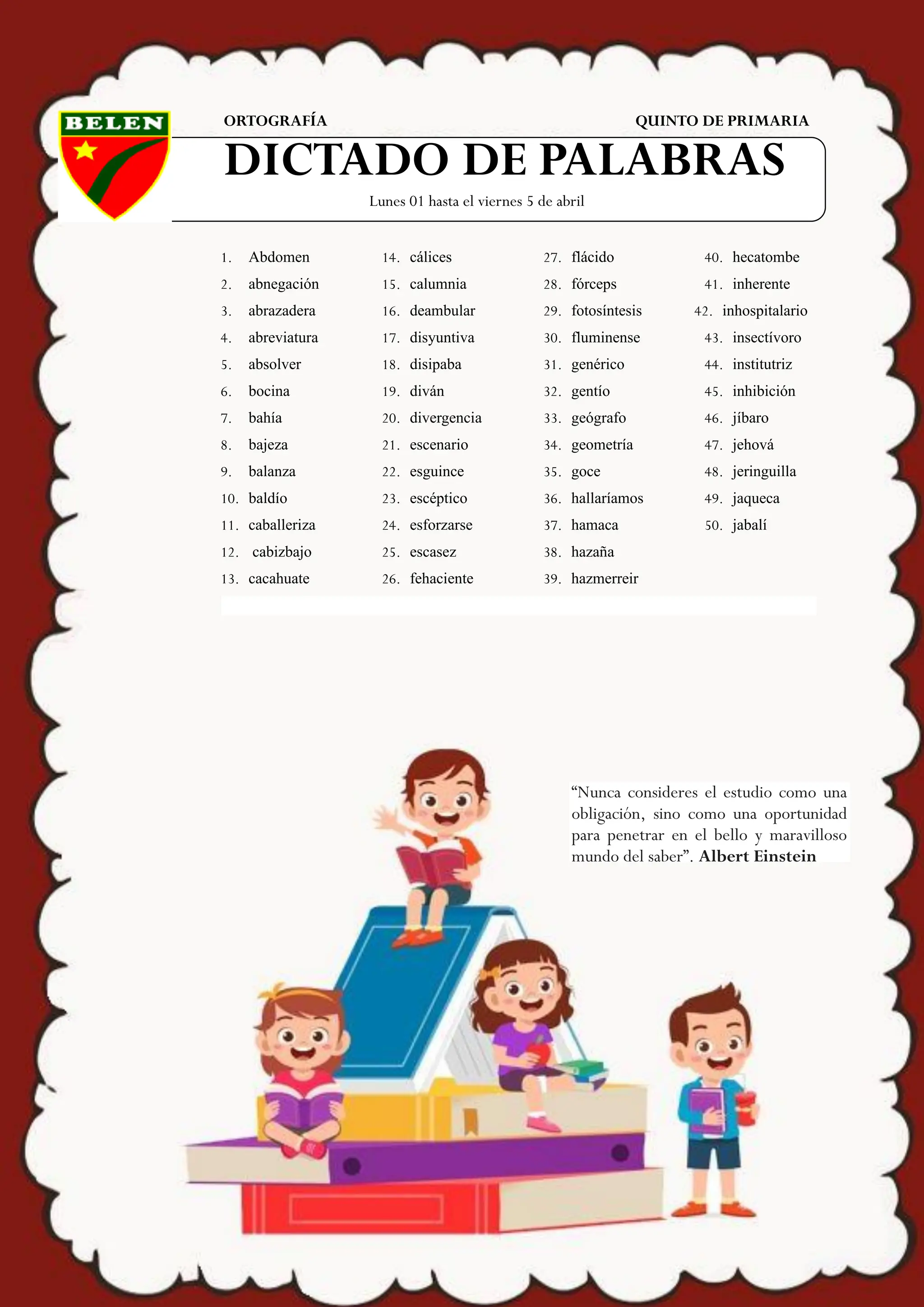 Dictado primera semana de abril para niños de quinto grado de educación ...
