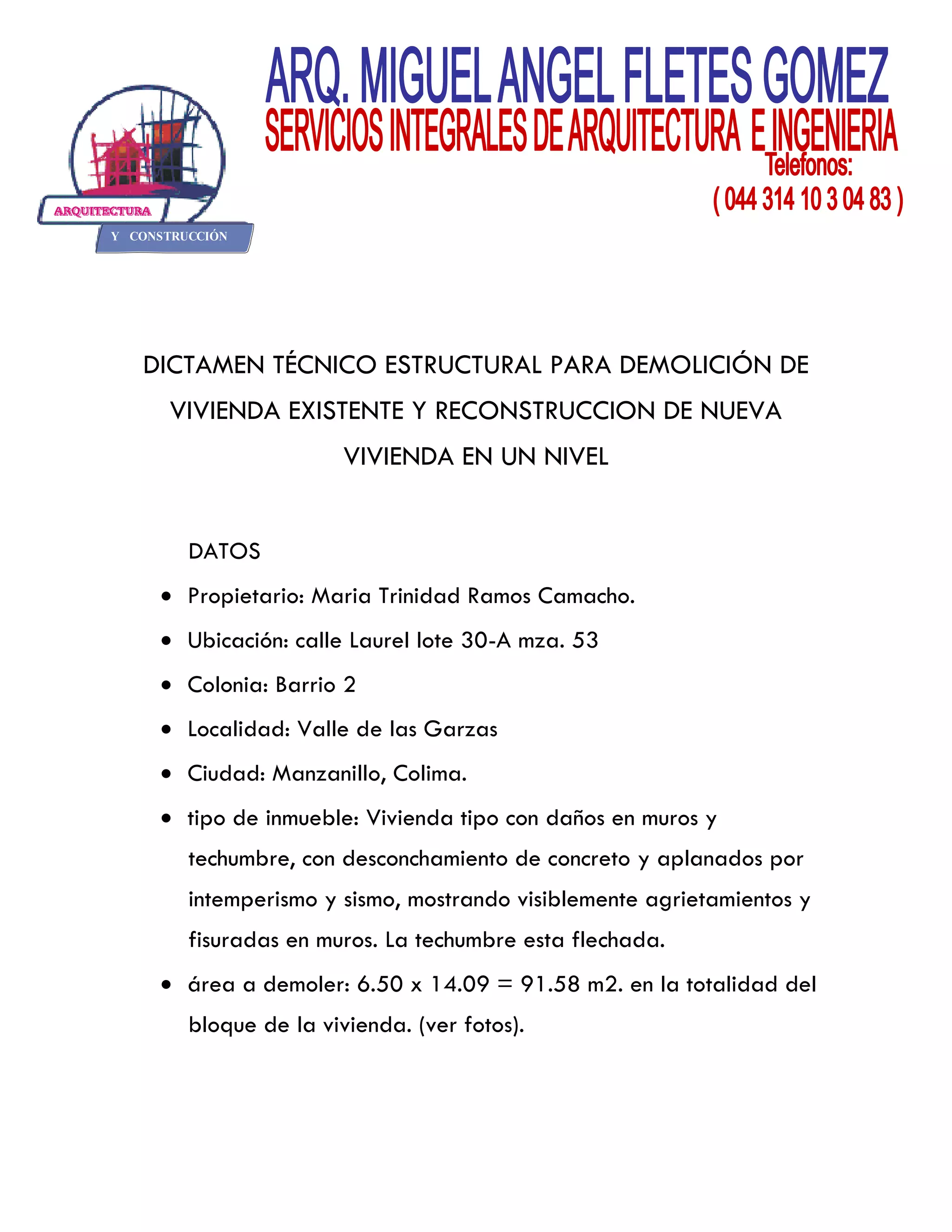 Dictamen tecnico demolicion y memoria maria trinidad ramos camacho ...