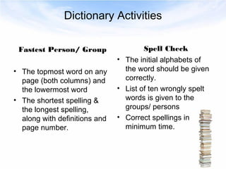 Dictionary activities for esl learners | PPT