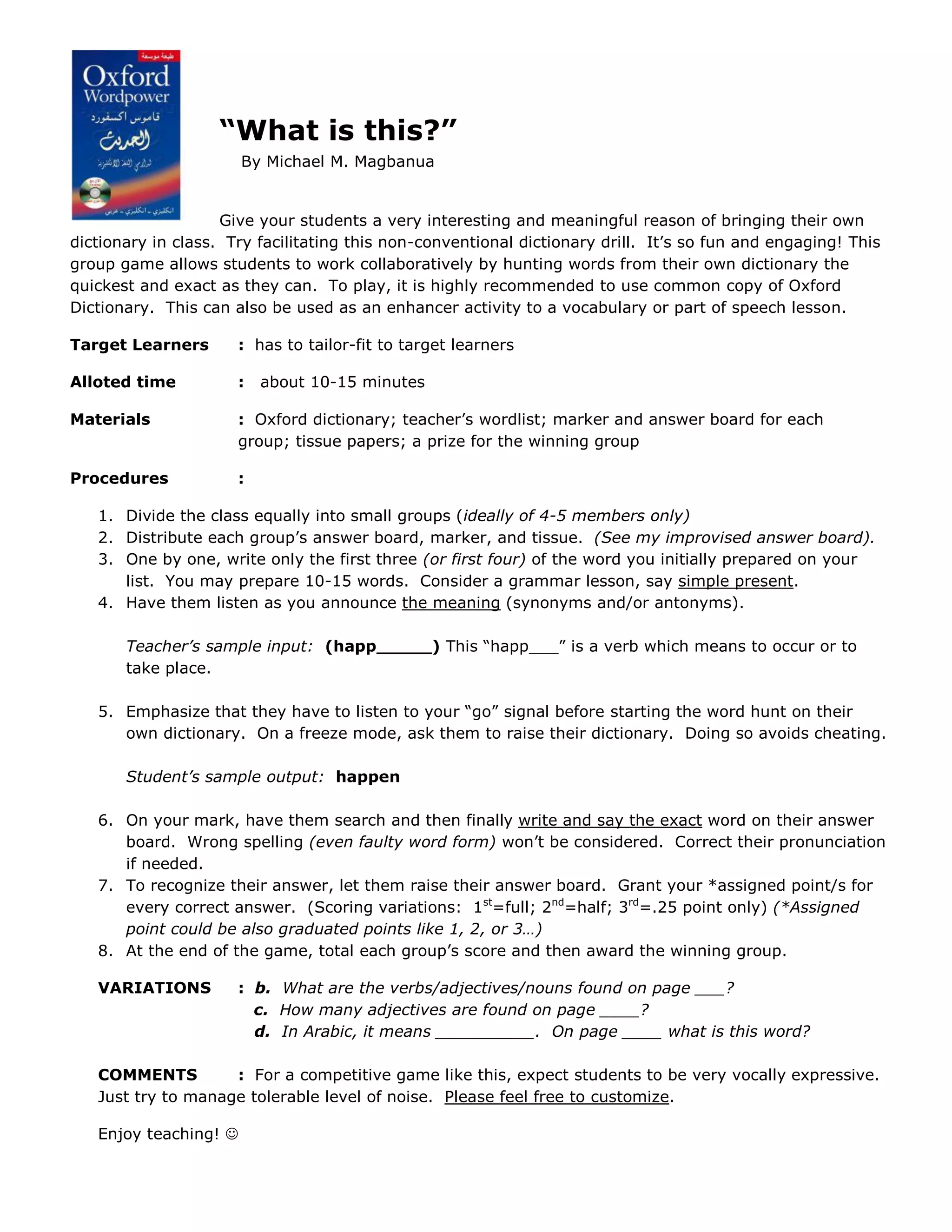 Dictionary drill activity plan | PDF