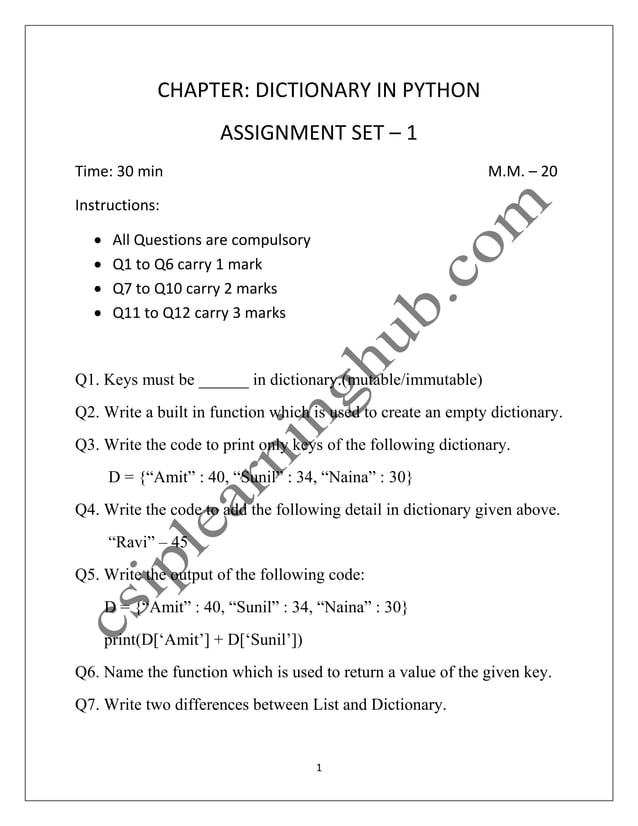 CBSE Python Dictionary Assignment | PDF CBSE Python Dictionary Assignment | PDF