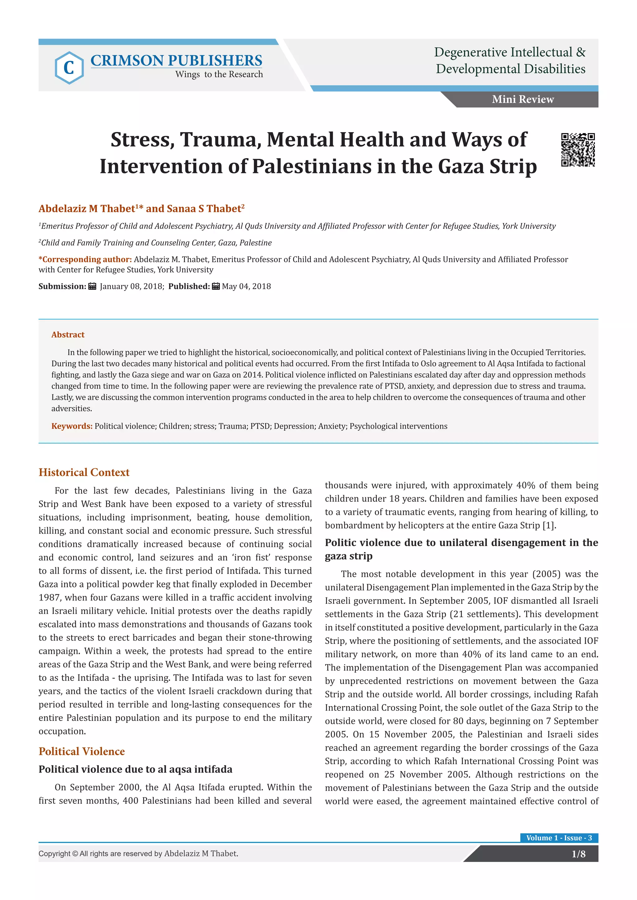 Stress, Trauma, Mental Health and Ways of Intervention of Palestinians ...