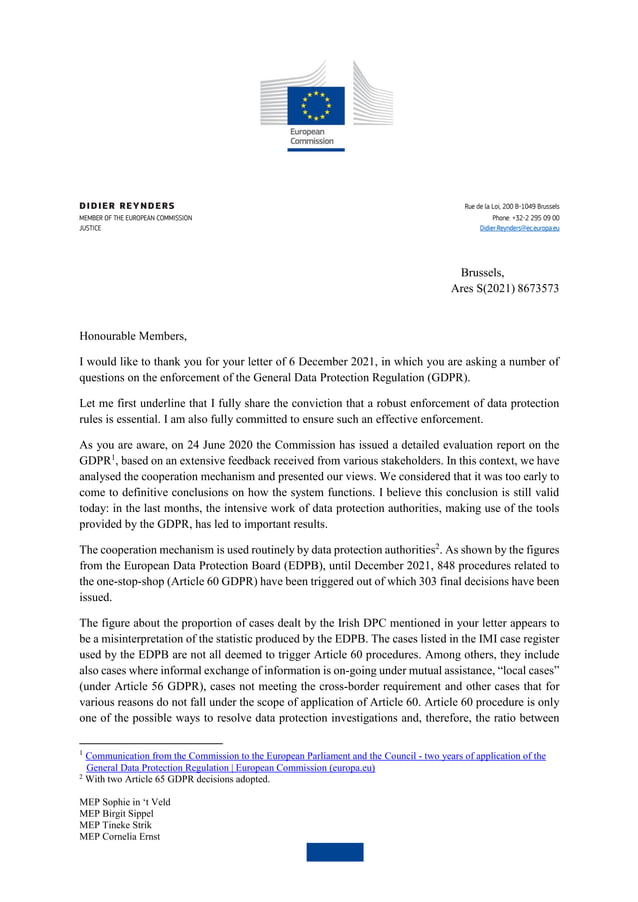 Didier Reynders letter to the EU Parliament | PDF
