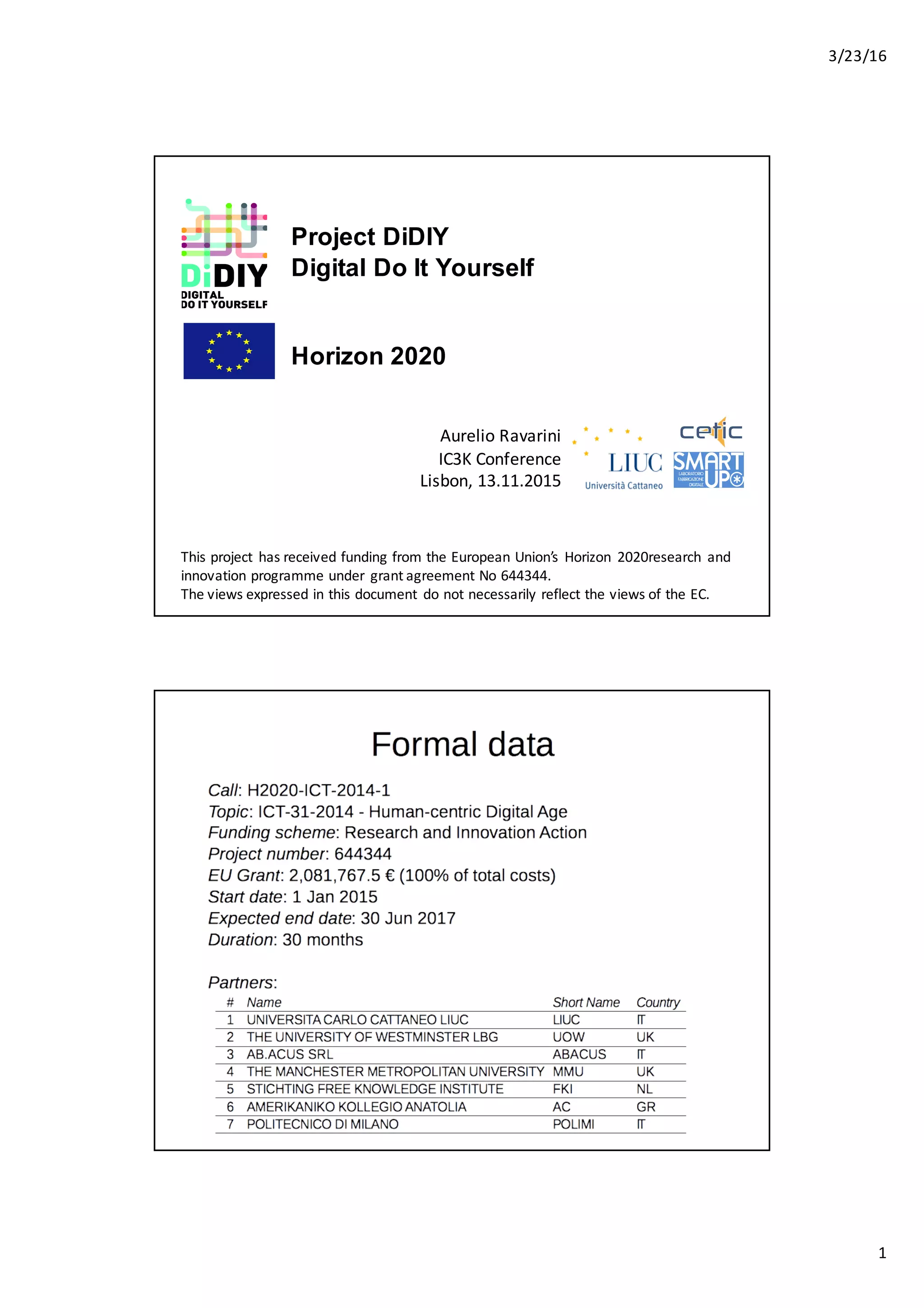 Project DiDIY Digital Do It Yourself - Horizon 2020 | PDF