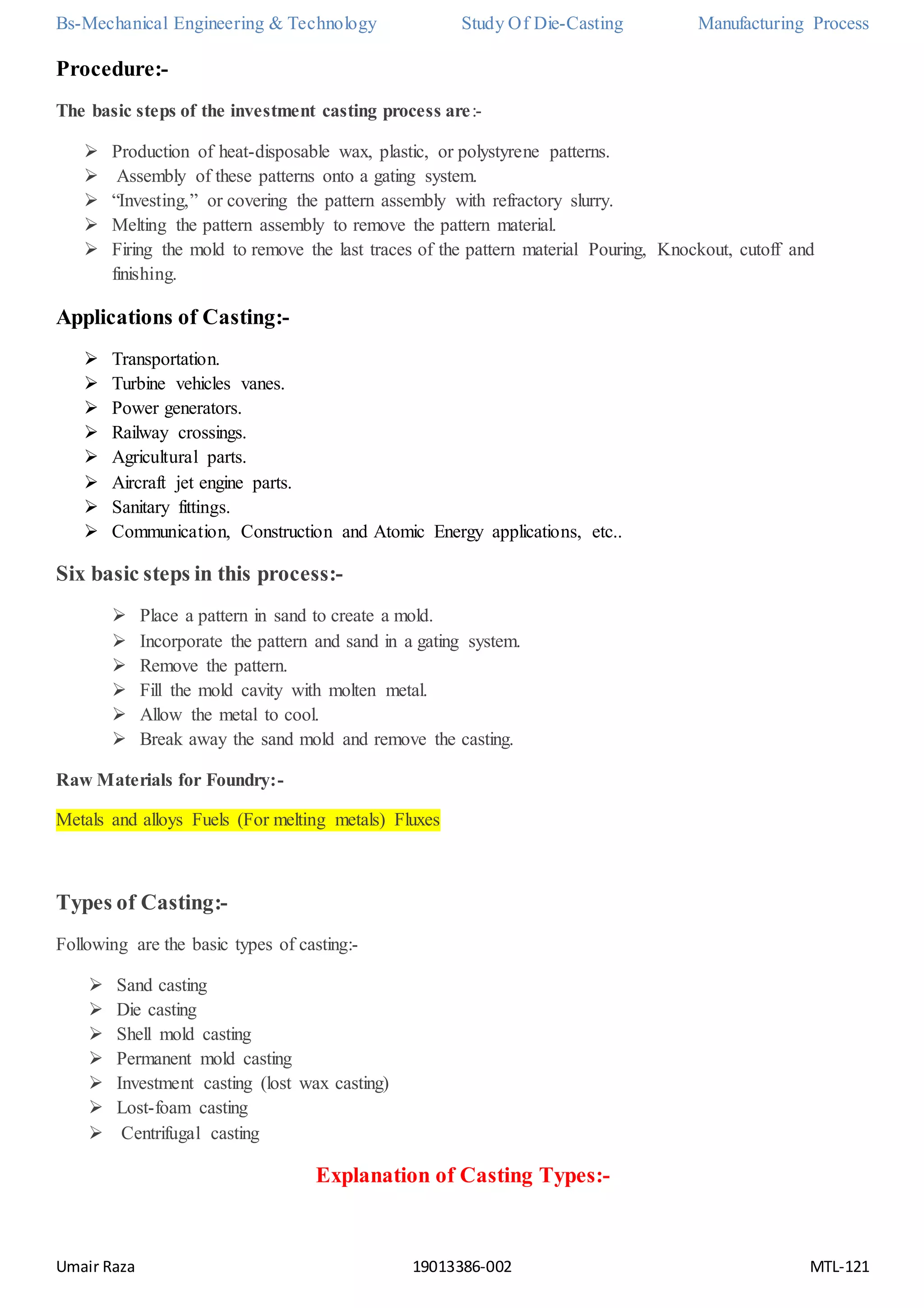 Die casting and types | DOCX