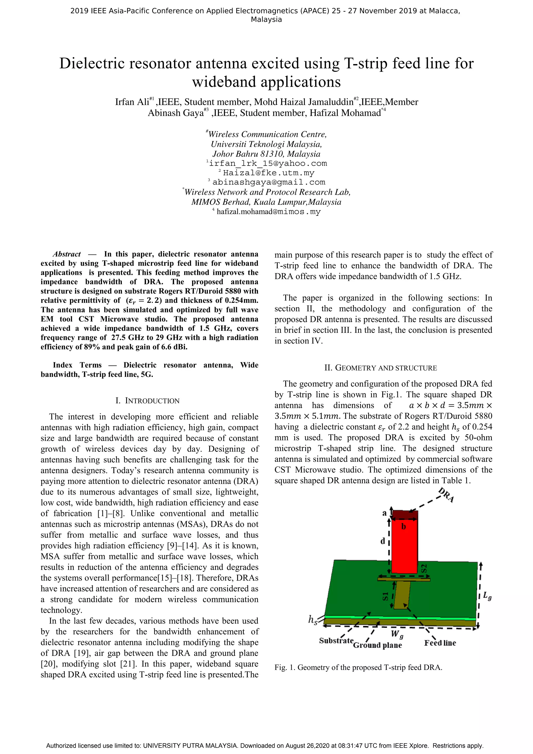 Dielectric resonator antenna excited using t strip feed line for ...
