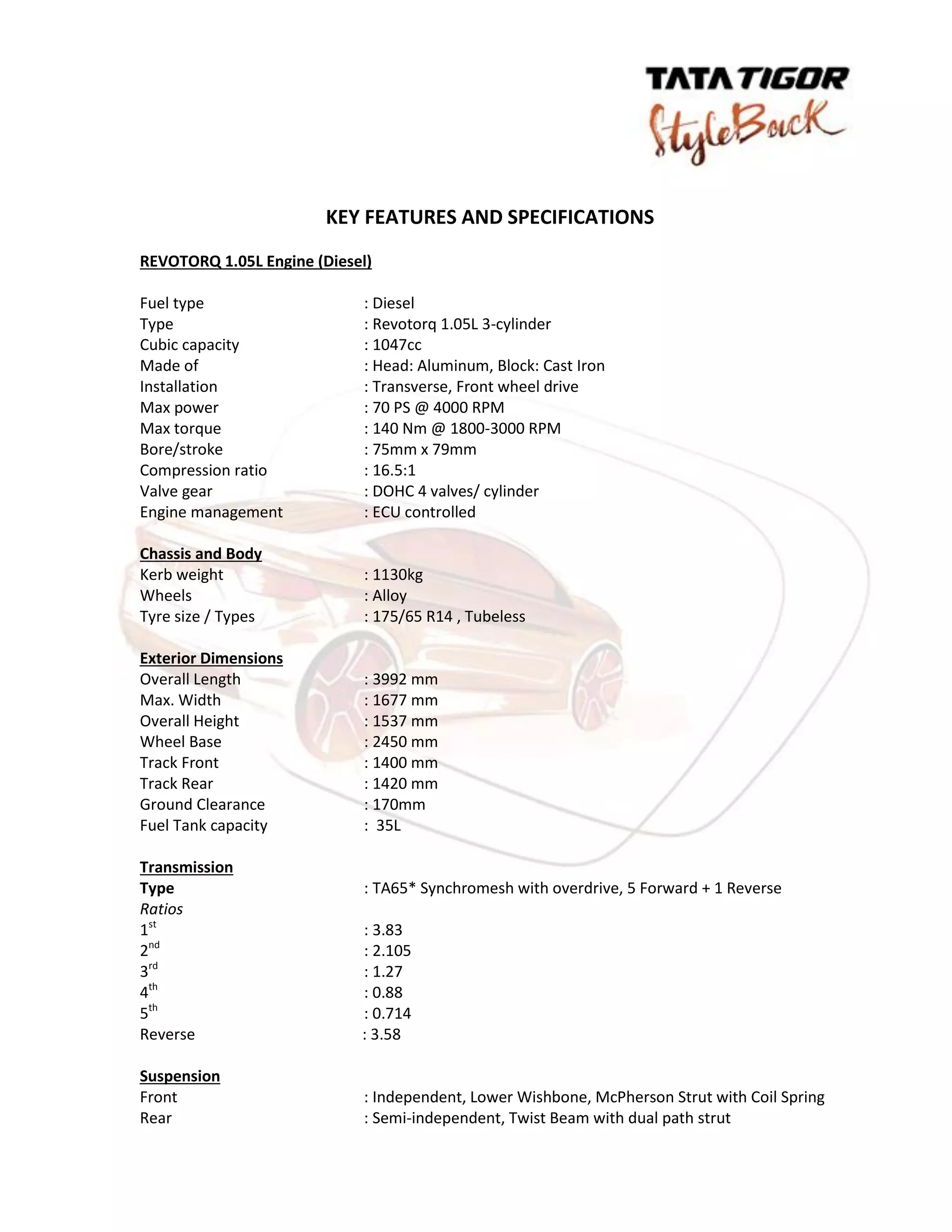 Tata Tigor Diesel Specs | PDF